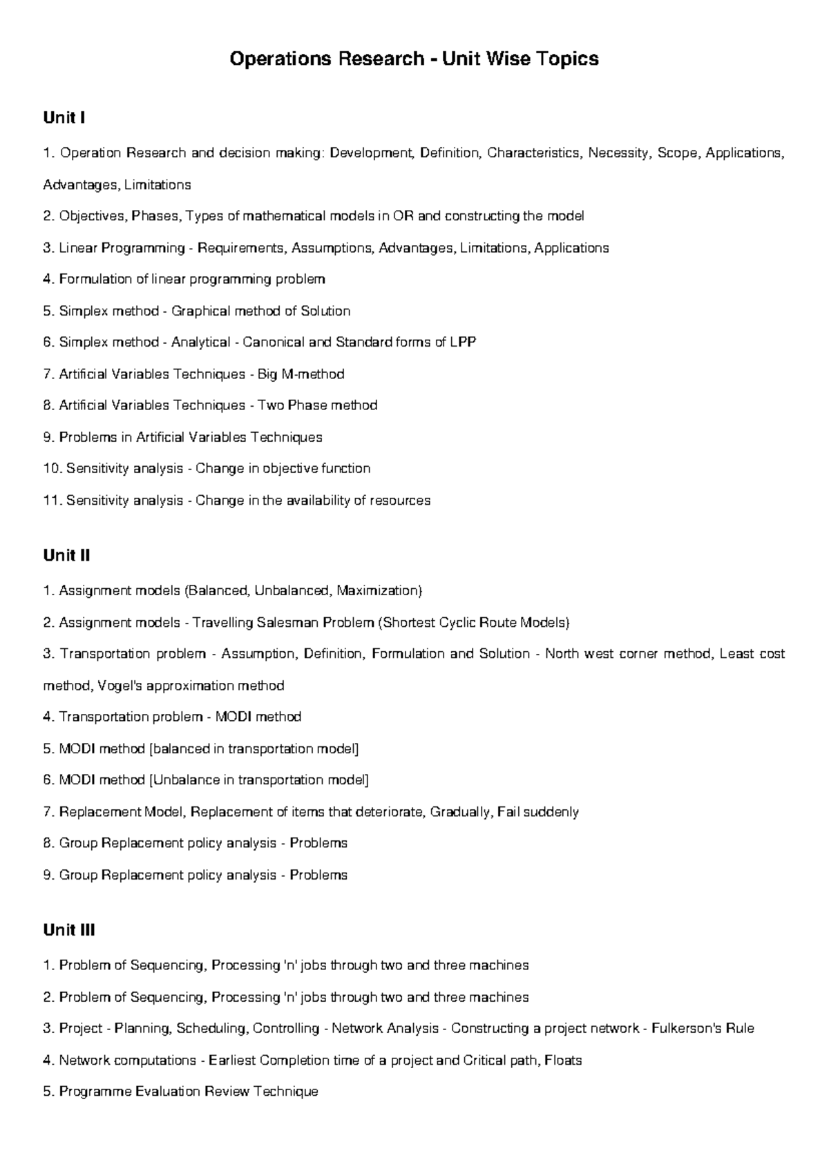 Operations Research (OR) Unit Wise Topics Overview and Key Concepts ...