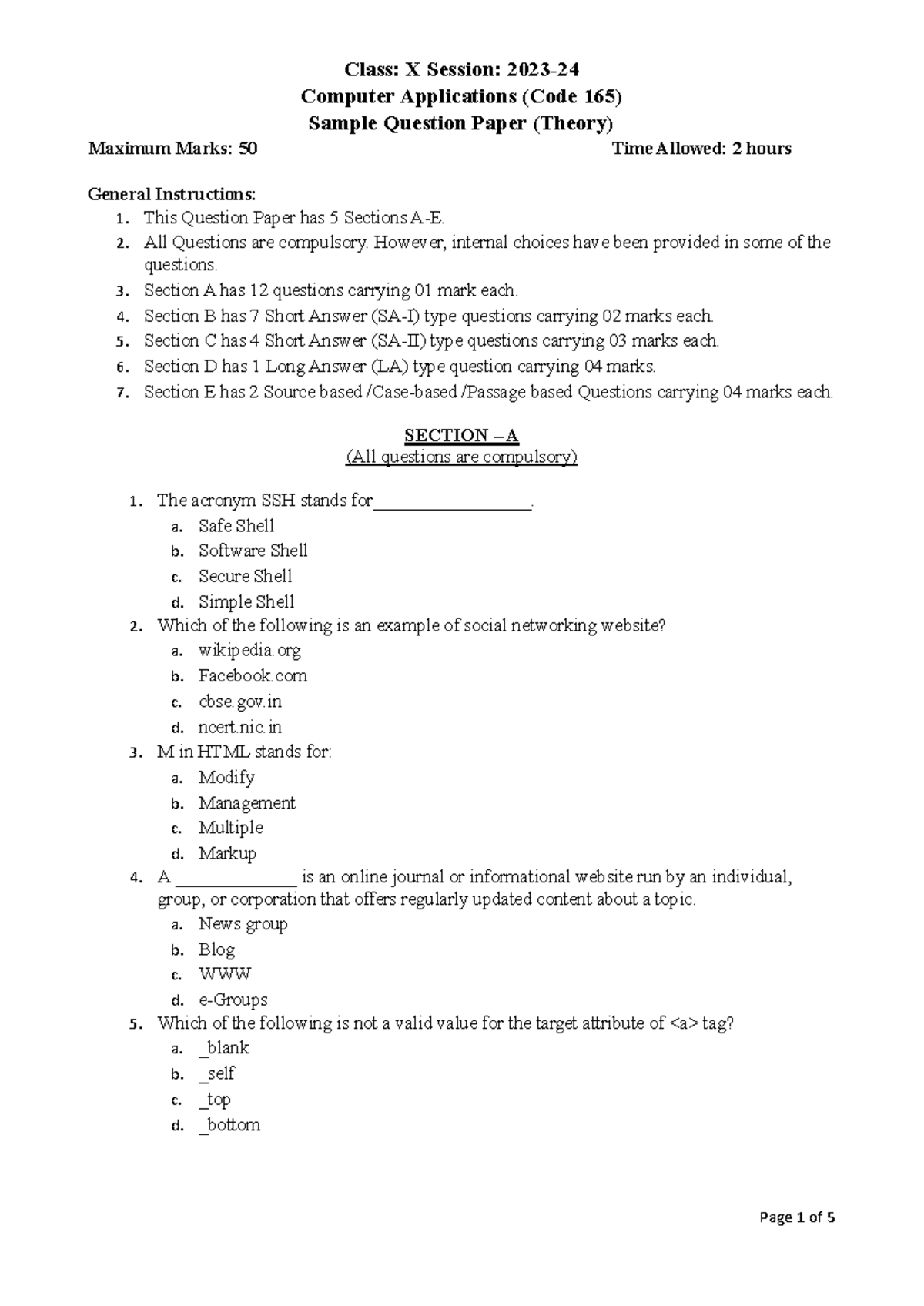 Computer Applications (Code 165) - Sample Question Paper 2023 - Studocu