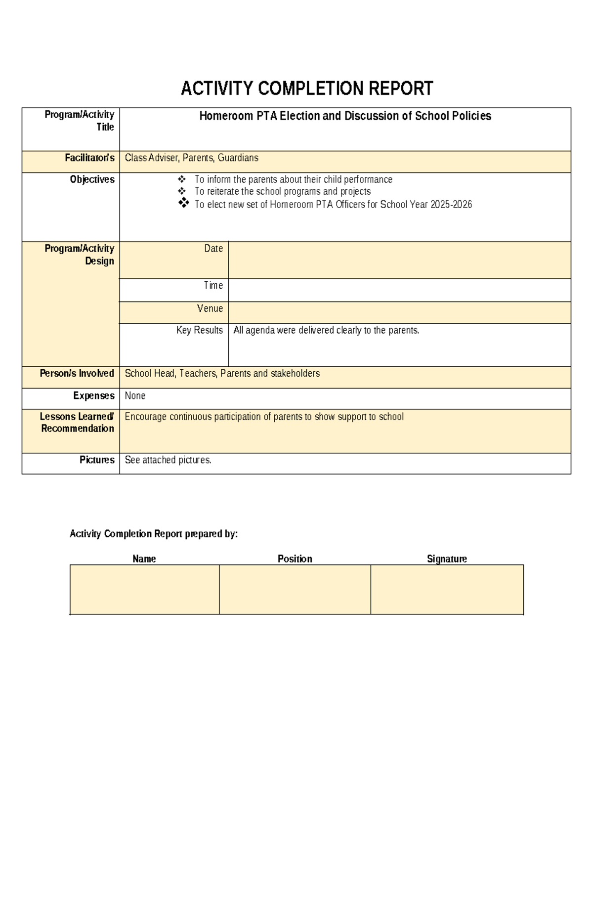 Grade 1 Homeroom PTA Meeting Report & Election Summary - Studocu