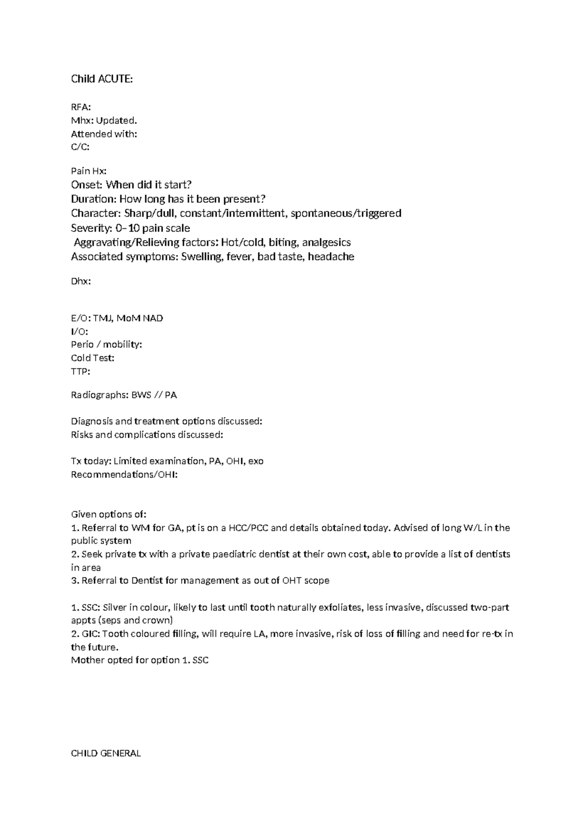 Child ACUTE RFA: Updated Clinical Notes Template for Clinics - Studocu