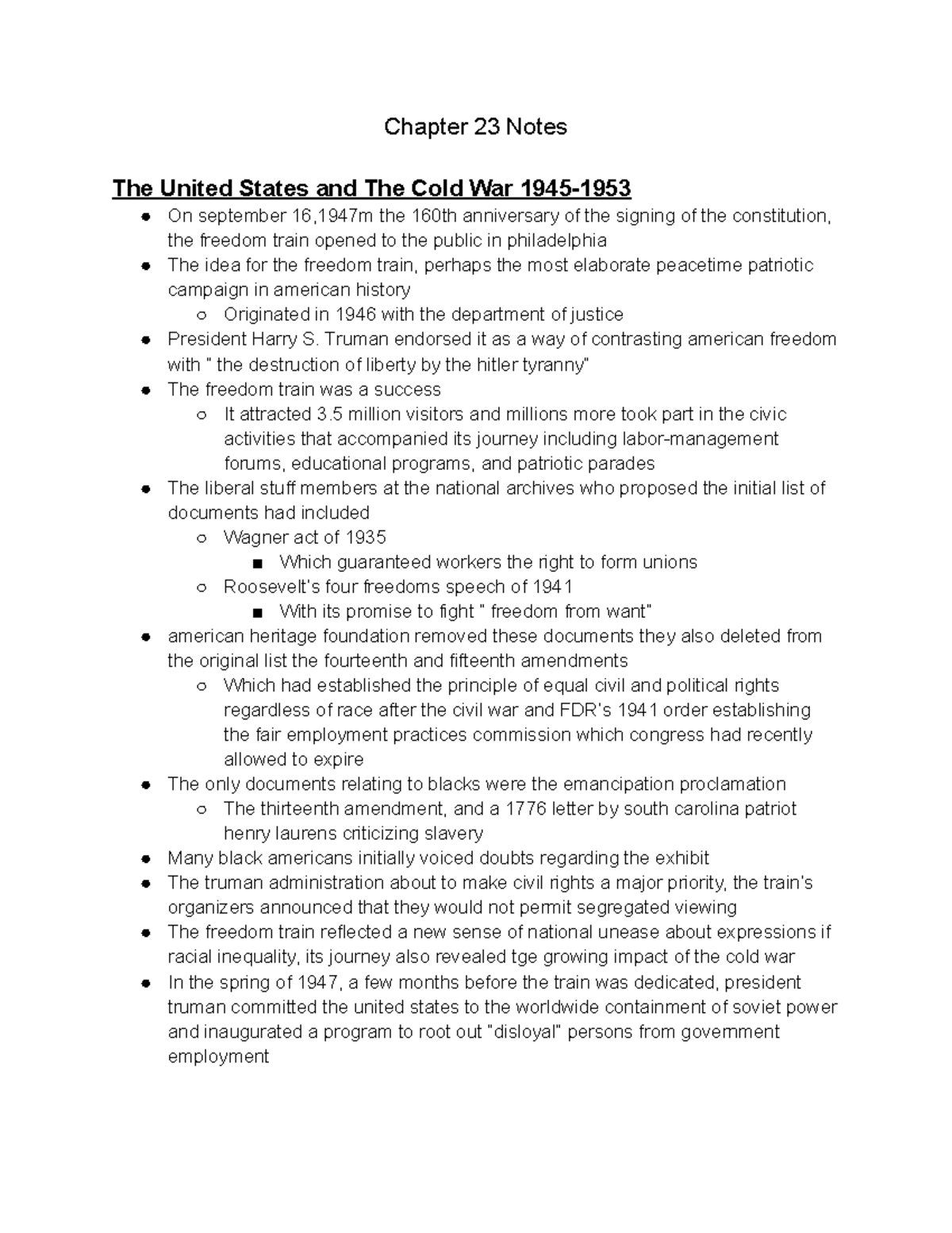 Chapter 23 Notes: The United States and The Cold War (1945-1950) - Studocu