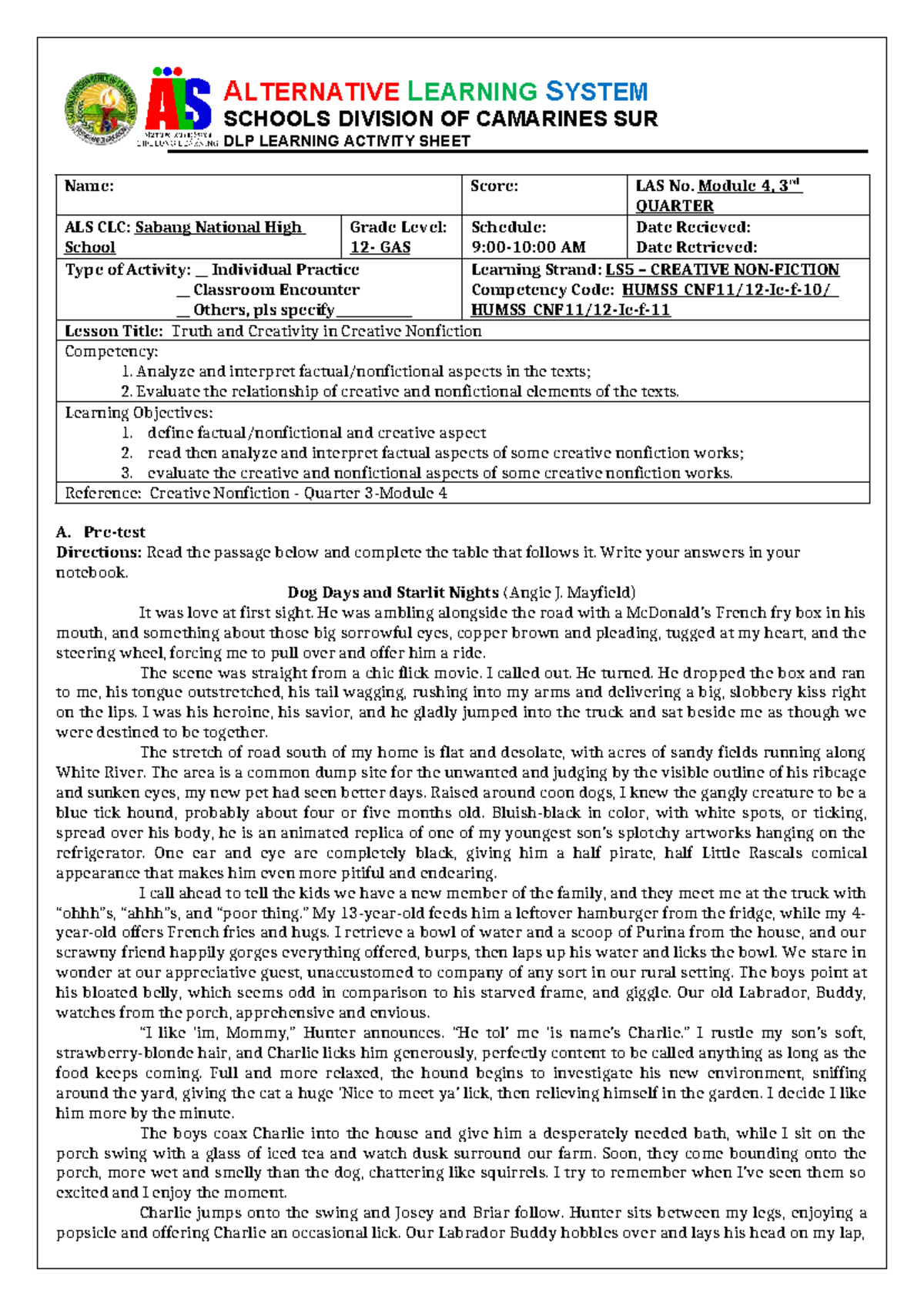 LAS Q3 M4: Truth and Creativity in Creative Nonfiction Activity Sheet ...