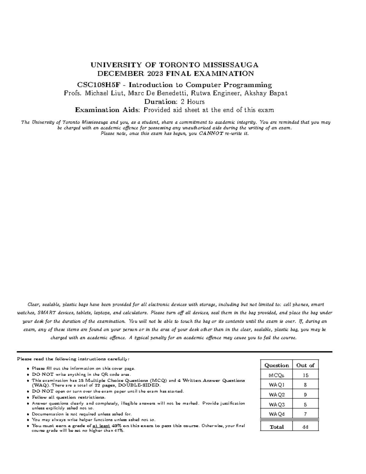 F23 UTM 108 Final Exam - Practice Test for CSC108H5F - Studocu