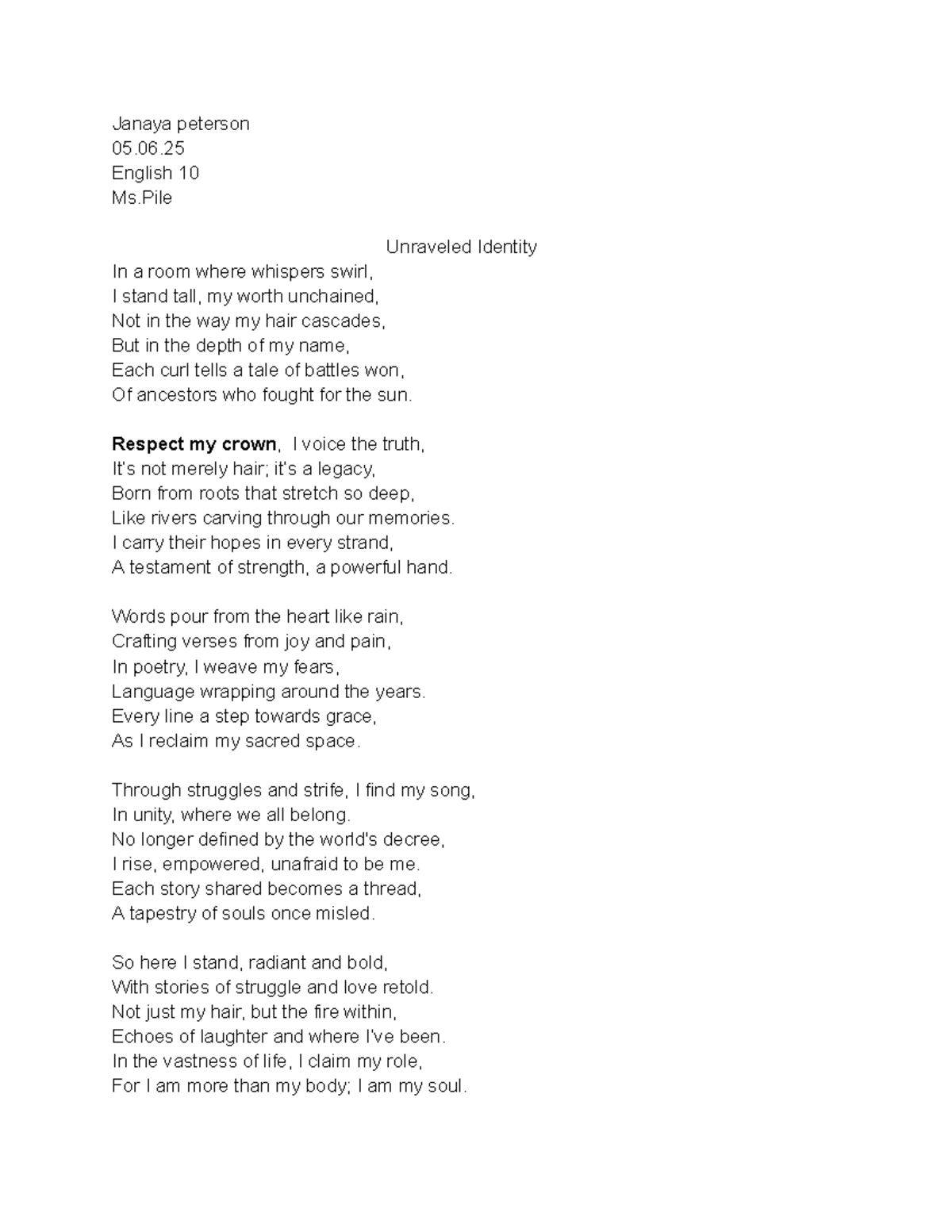 English 10 Final Exam: Unraveled Identity Poem by Janaya Peterson - Studocu
