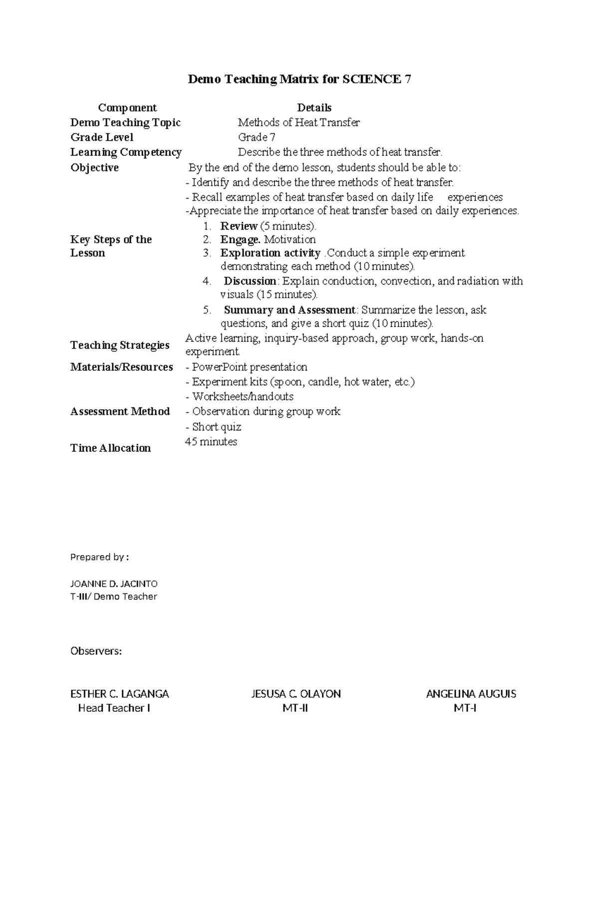 Demo Teaching Matrix: Methods of Heat Transfer for SCIENCE 7 - Studocu