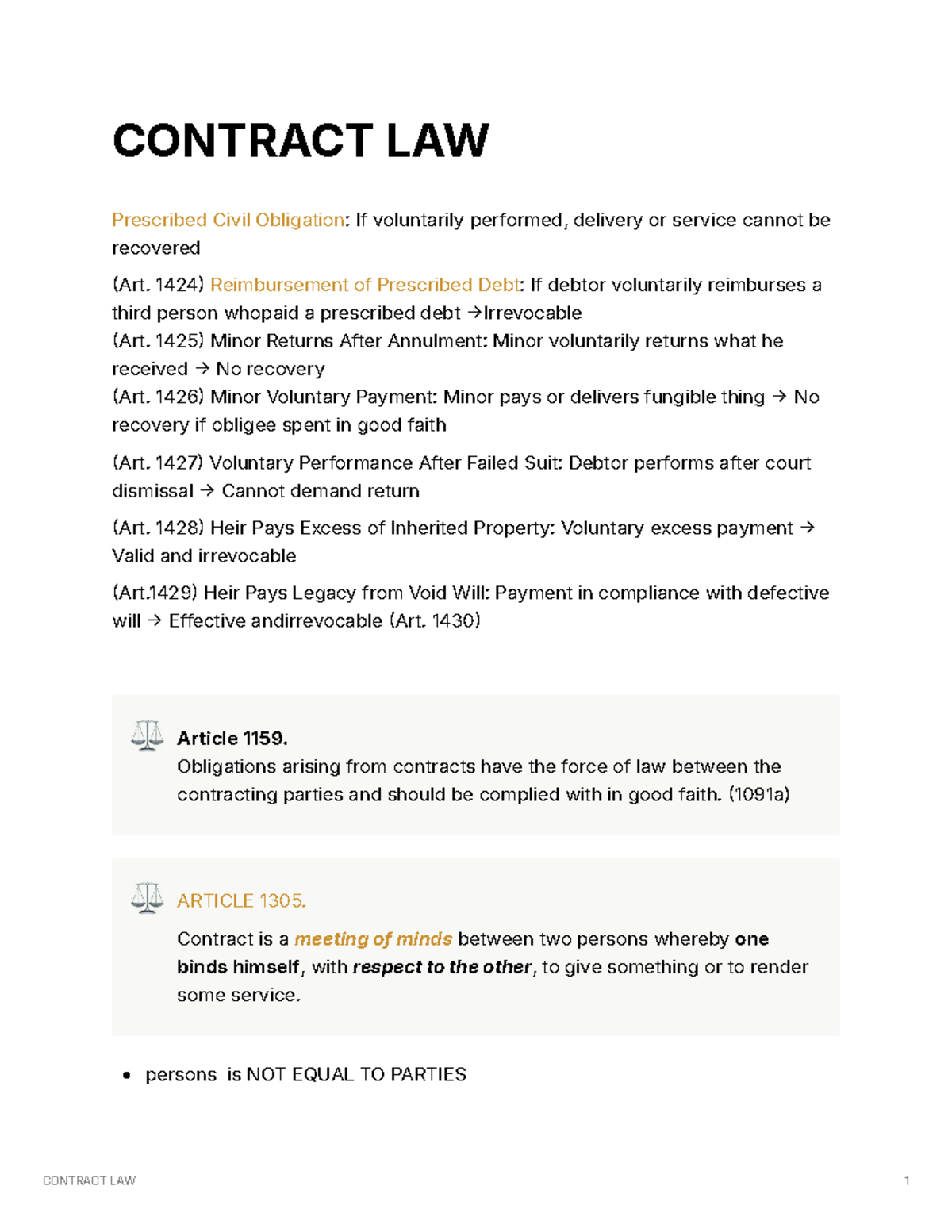 LAW 101 Final Exam Reviewer: Key Concepts in Contract Law - Studocu