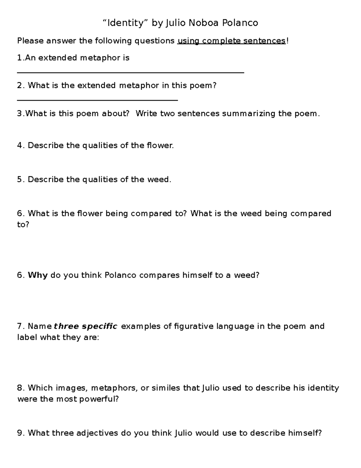 ENG 101 - Identity Analysis Questions for Julio Polanco's Poem - Studocu