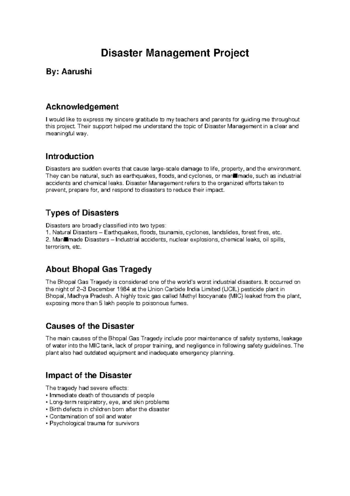 Disaster Management Project: Insights on Bhopal Gas Tragedy - Studocu