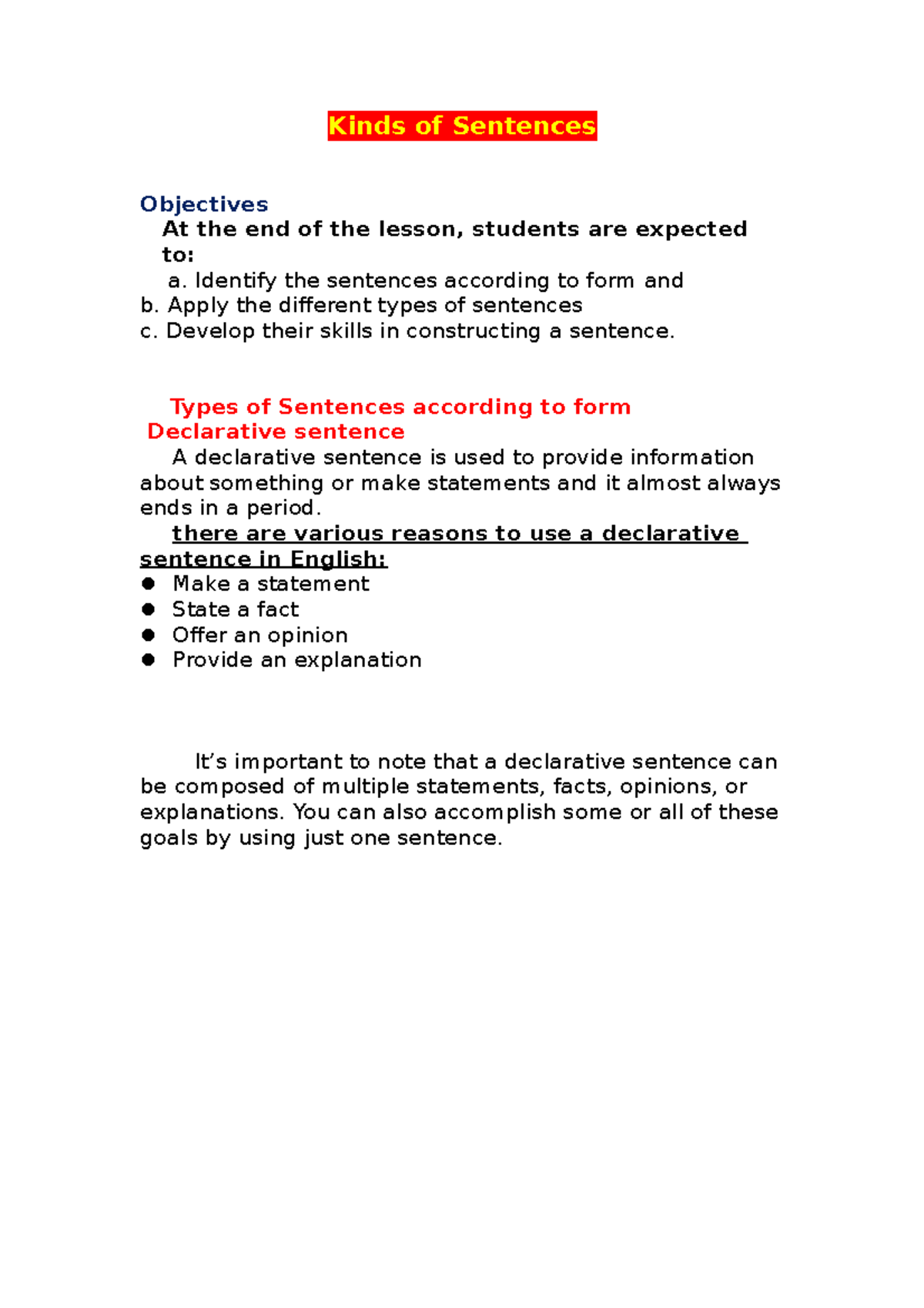 Kinds OF Sentences - Kinds of Sentences Objectives At the end of the ...