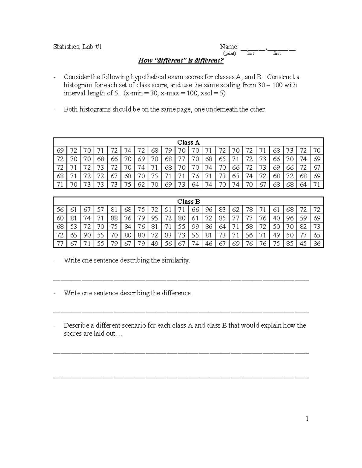 Statistics Lab 1: Comparing Exam Scores of Classes A & B - Studocu