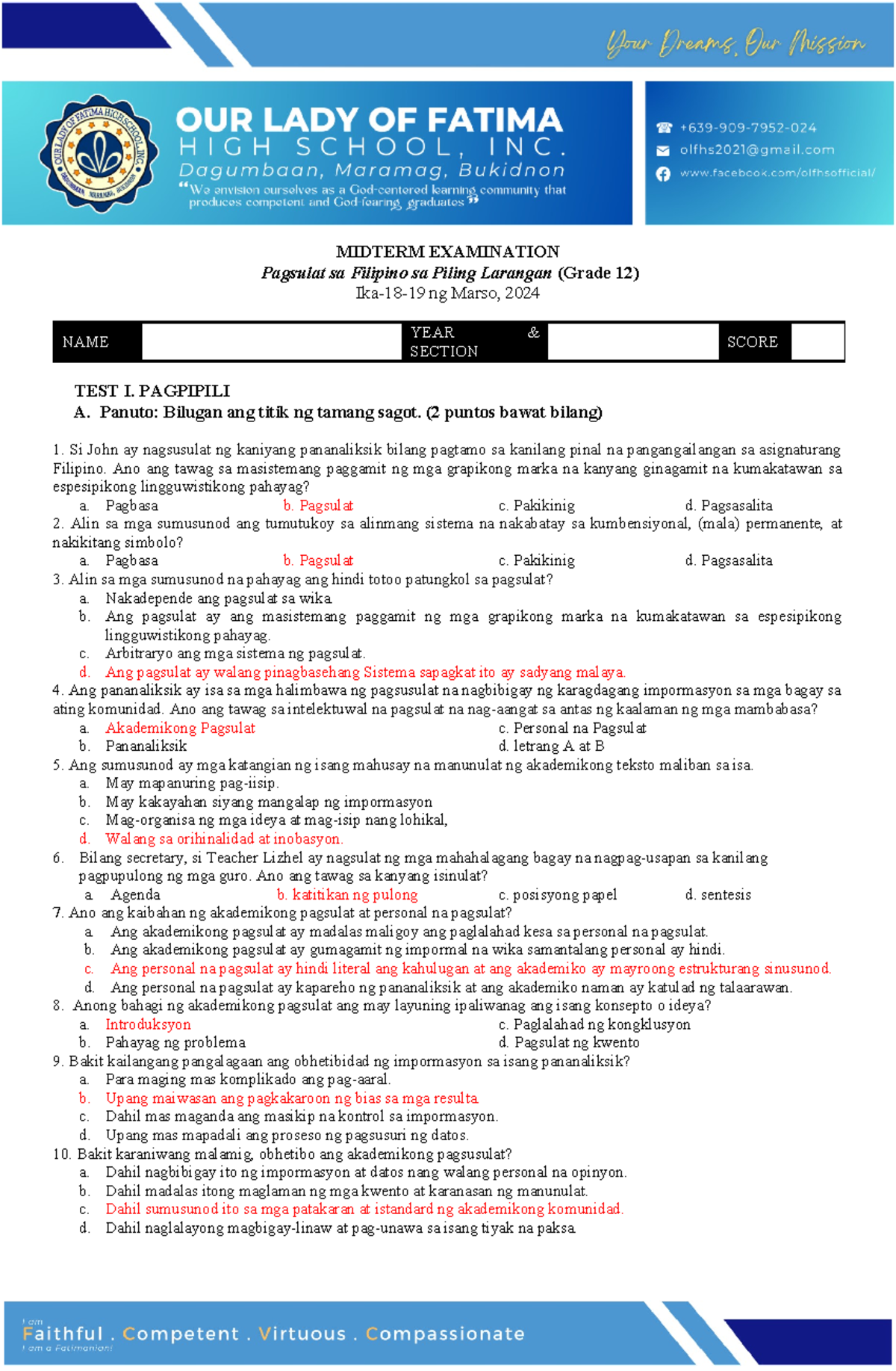 Pagsulat sa Filipino Q3 Midterm Exam (Grade 12) 2024 - Studocu