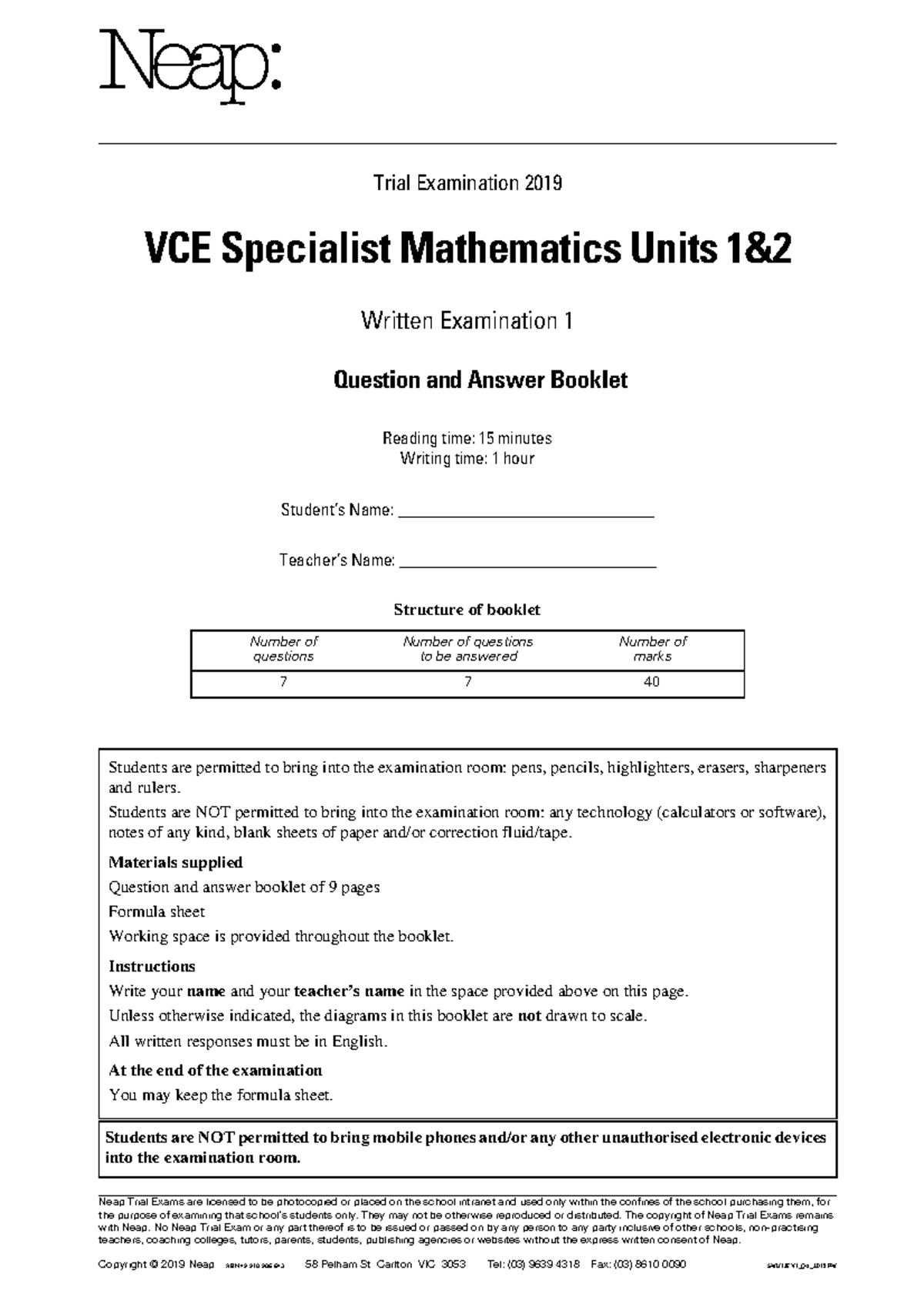 VCE Specialist Maths Units 1&2 Trial Exam 1 Q&A Booklet 2019 - Studocu