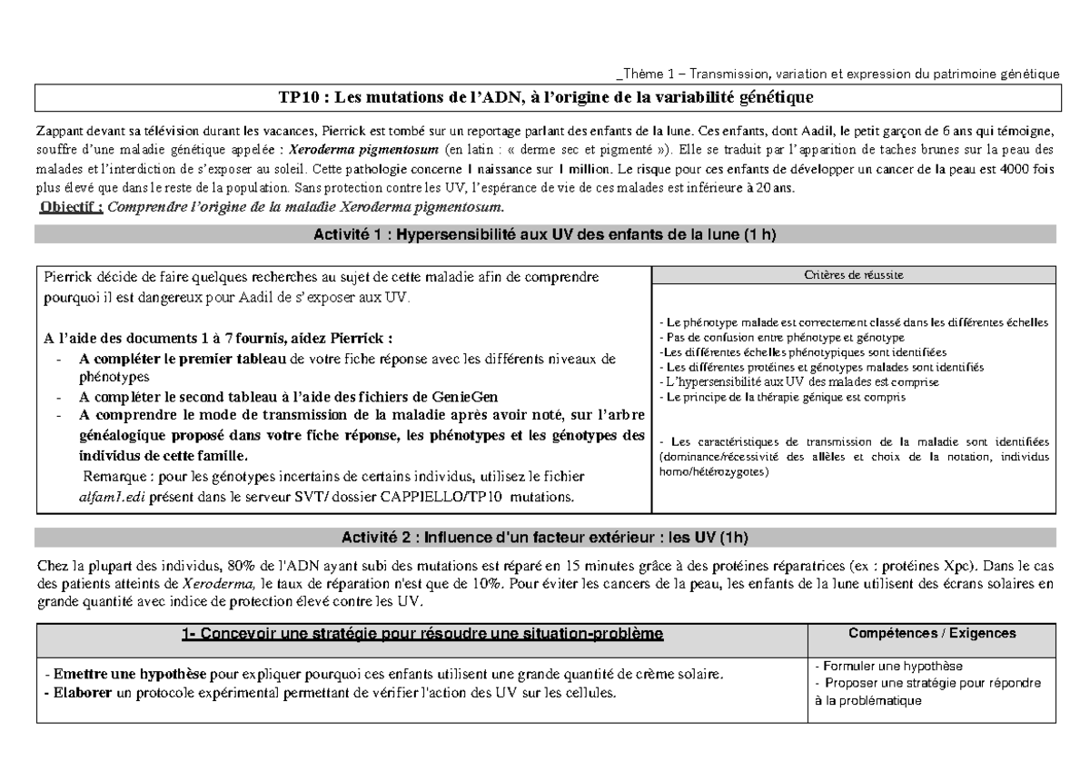 TP 10 mutations - _Thème 1 – Transmission, variation et expression du patrimoine génétique ...
