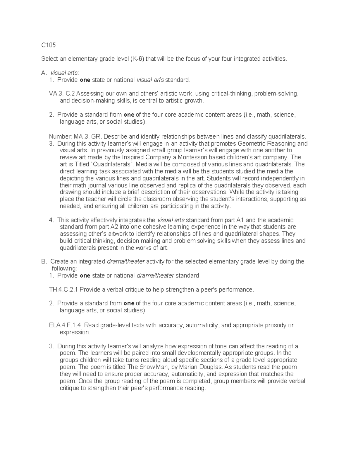 C105 Task 1 - Four Integrated Activities for Elementary Ed - Studocu