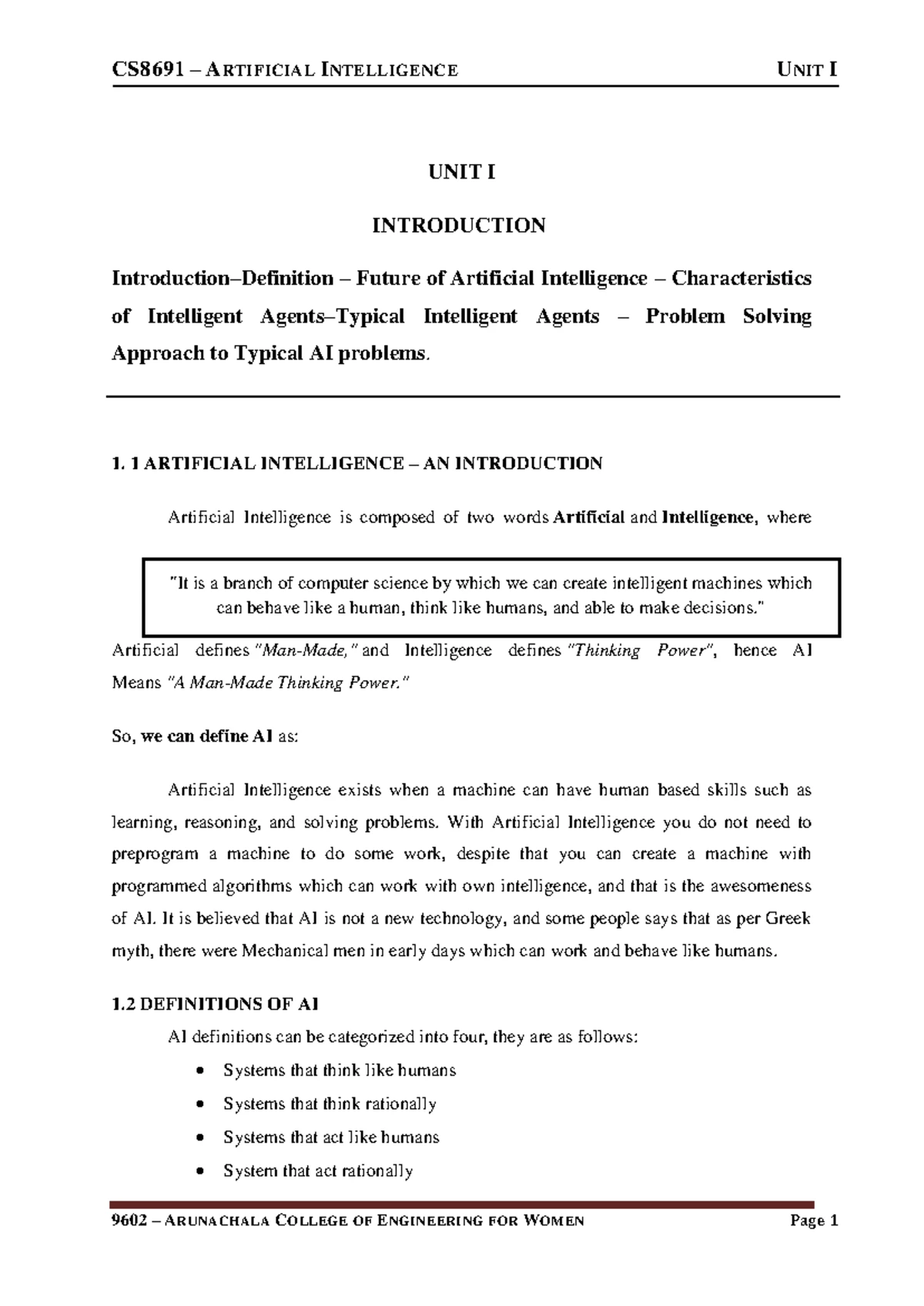 AI Important Questions for semester exams - Artificial Intelligence RCS - 702 B 4th Year (7th ...
