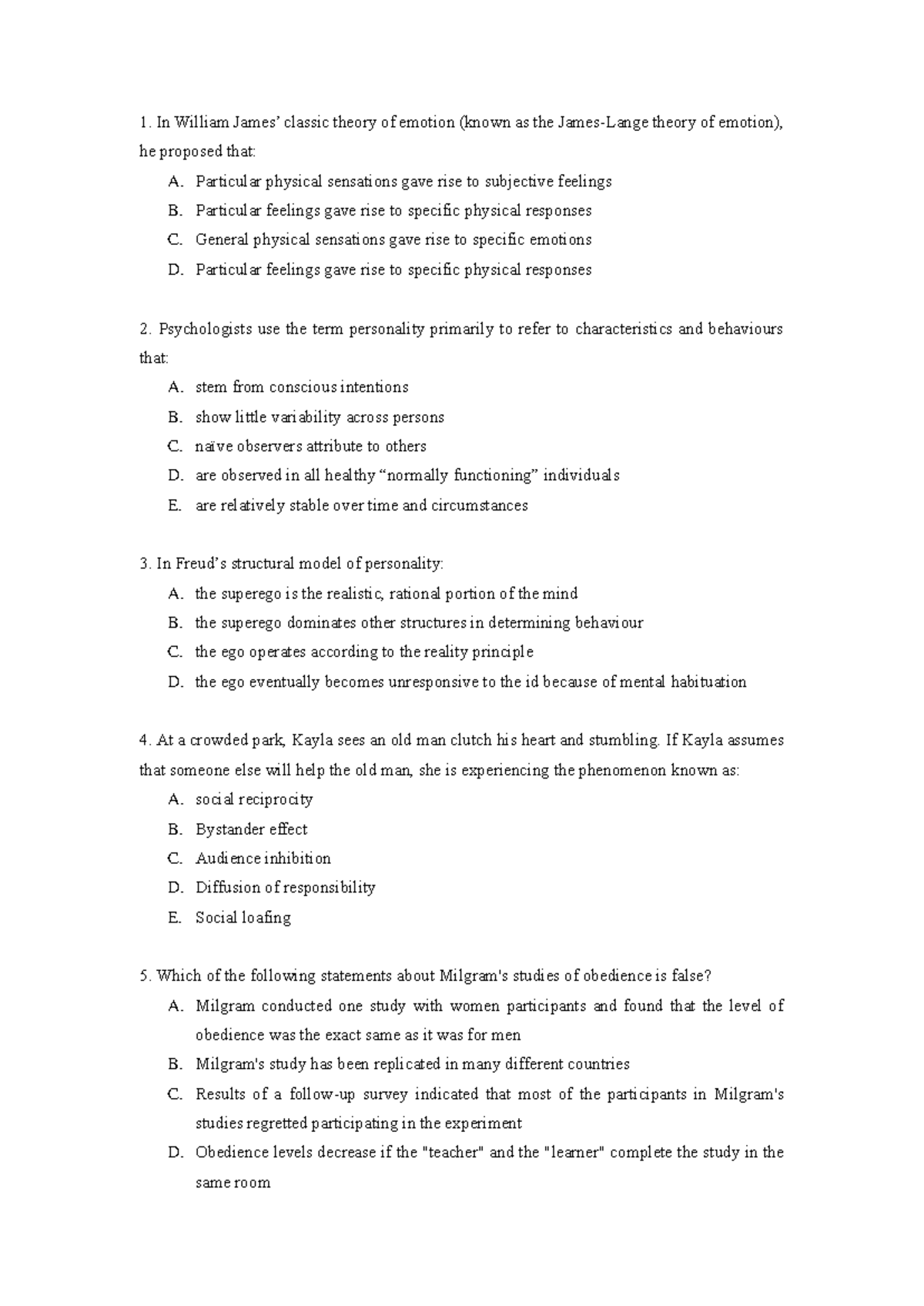 Psychology Quiz: Key Concepts and Theories - Studocu