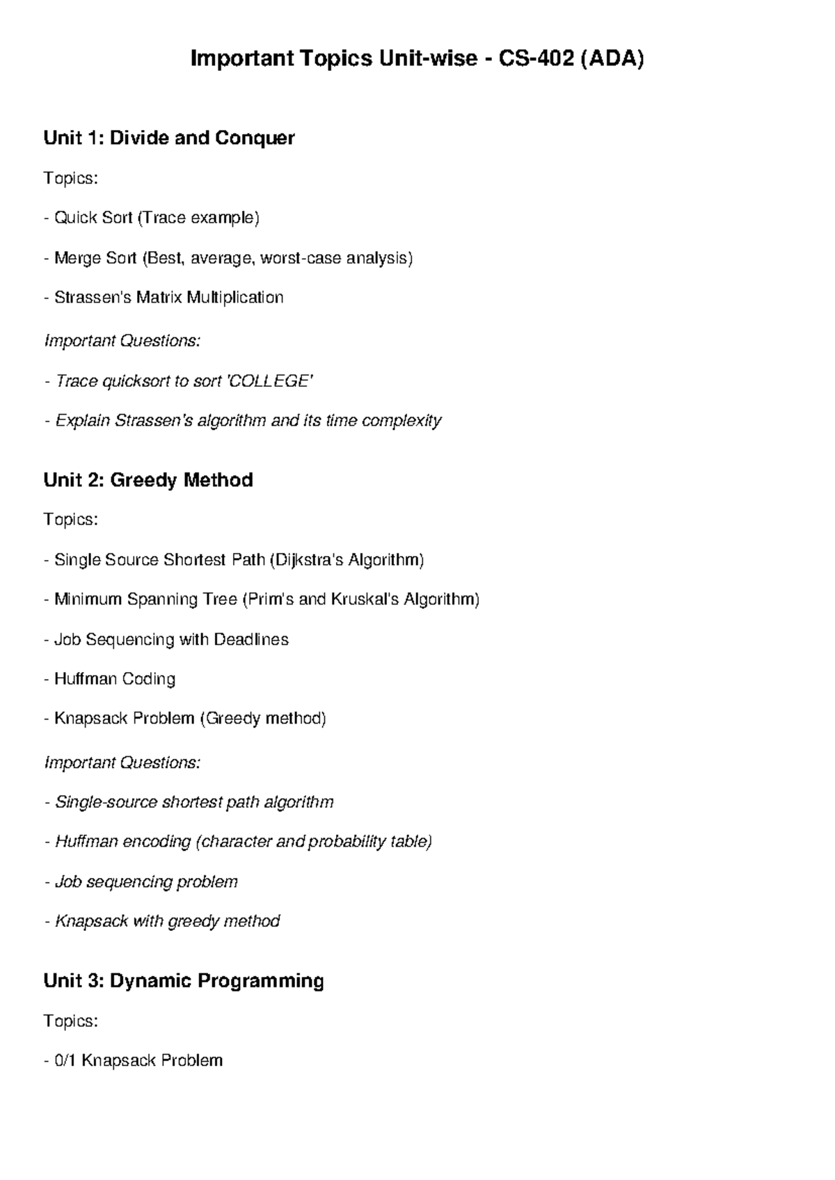 ADA Important Topics: Unit 1-5 Overview and Key Questions - Studocu