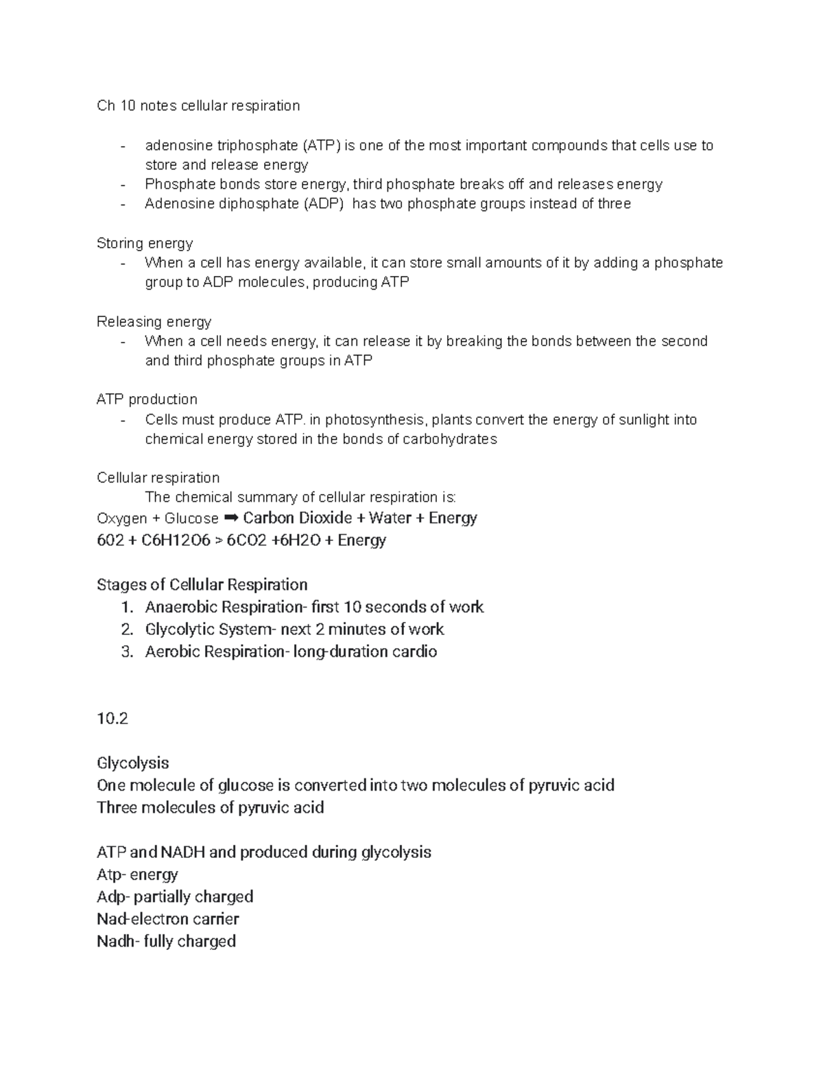 Ch 10 Notes: Cellular Respiration and Energy Production - Studocu