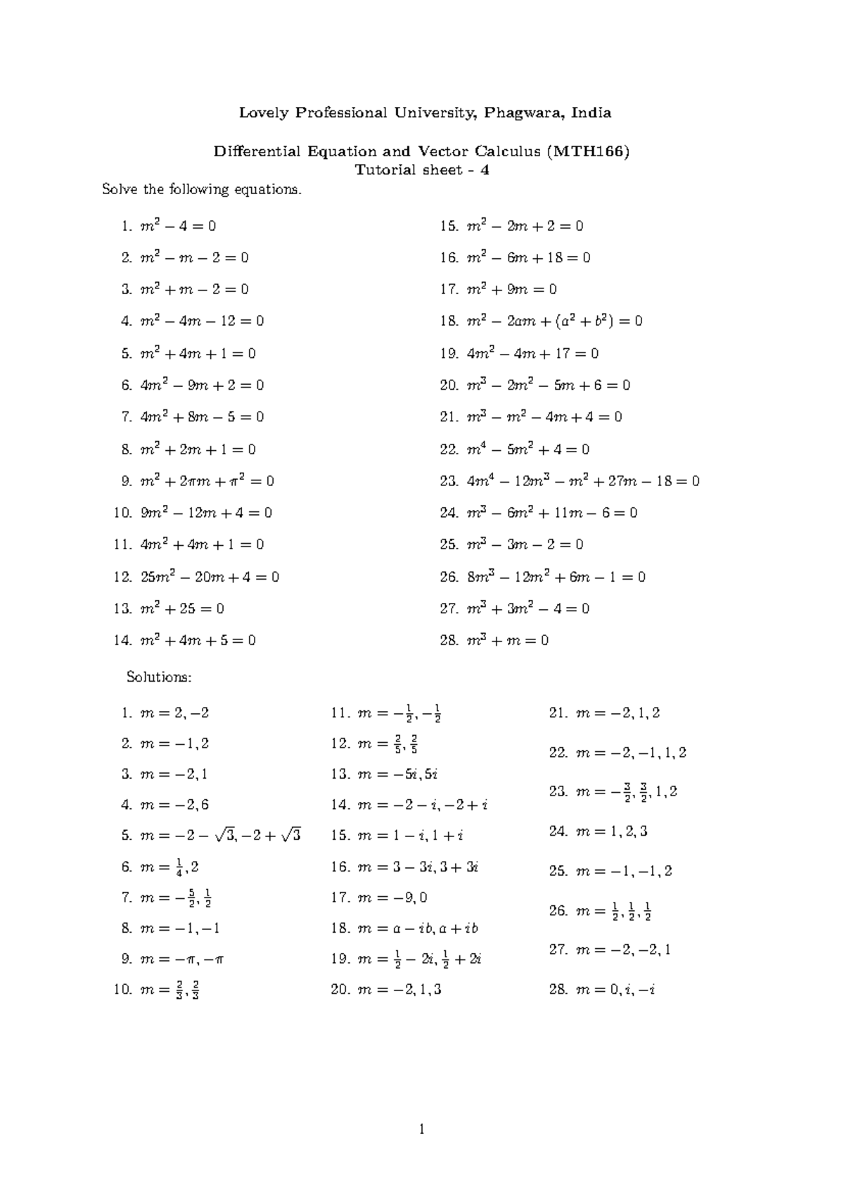 MTH166 Differential Equations & Vector Calculus Tutorial Sheet 4 - Studocu