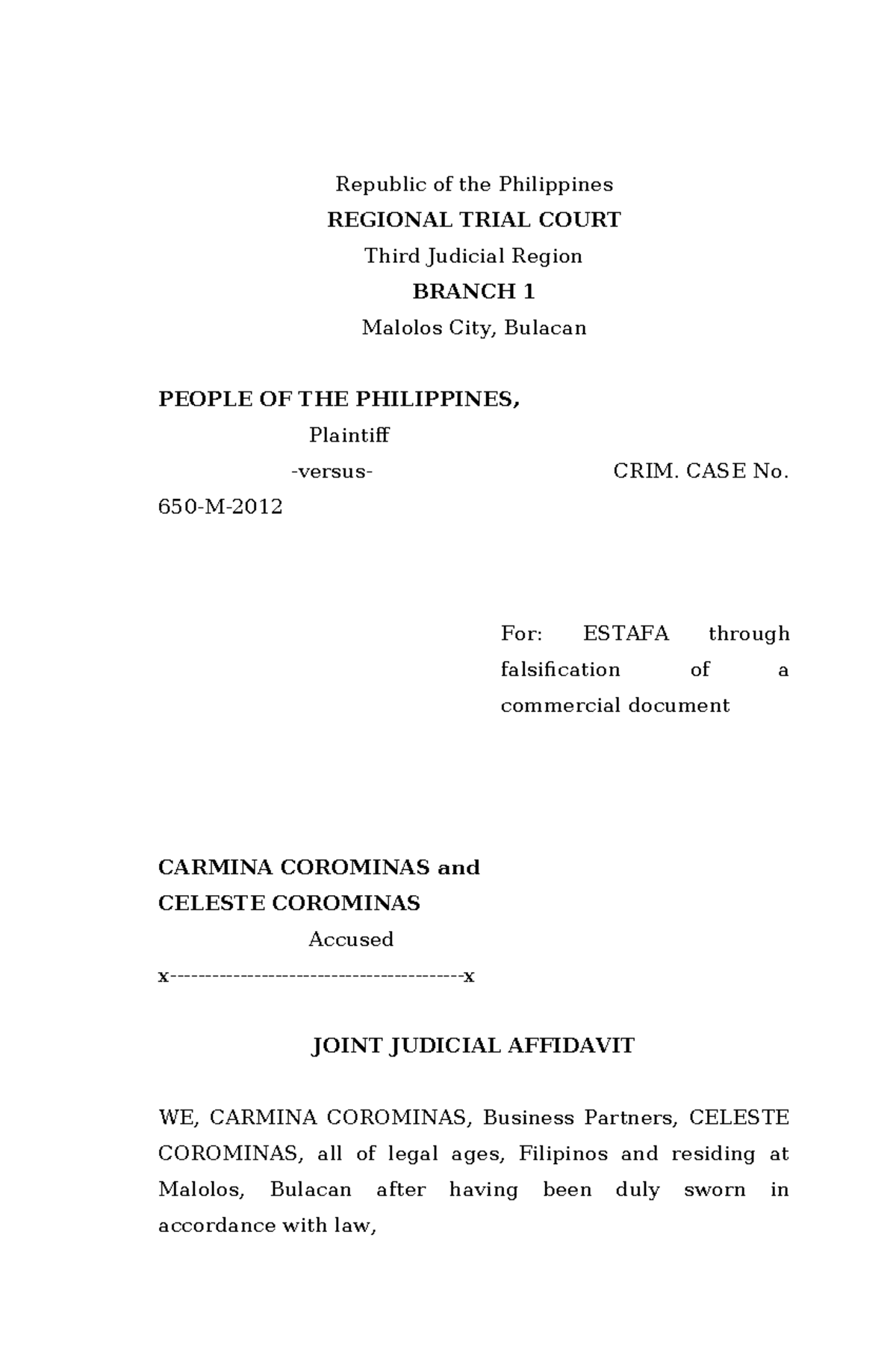 Joint Judicial Affidavit for CRIM. CASE No. 650-M- (Estafa) - Studocu