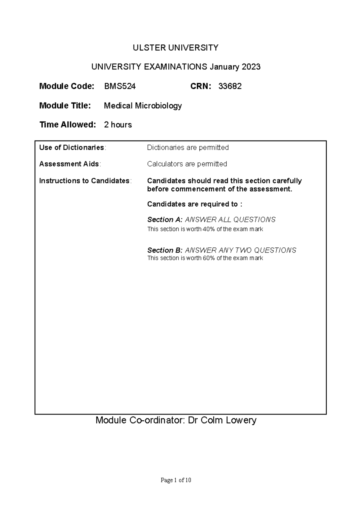 BMS524 Medical Microbiology Exam Paper - January 2023 - Studocu