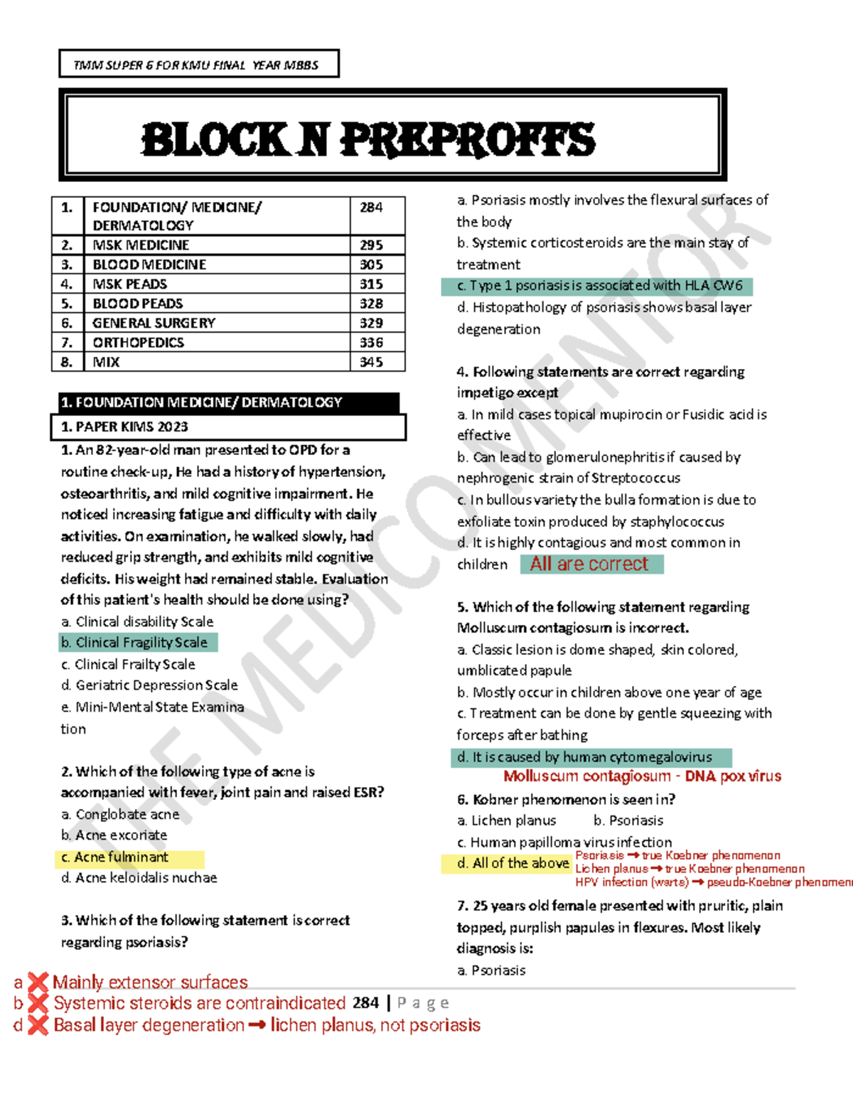 TMM SUPER 6 FOR KMU FINAL YEAR MBBS BLOCK N PREPROFFS 2024: DERMATOLOGY ...