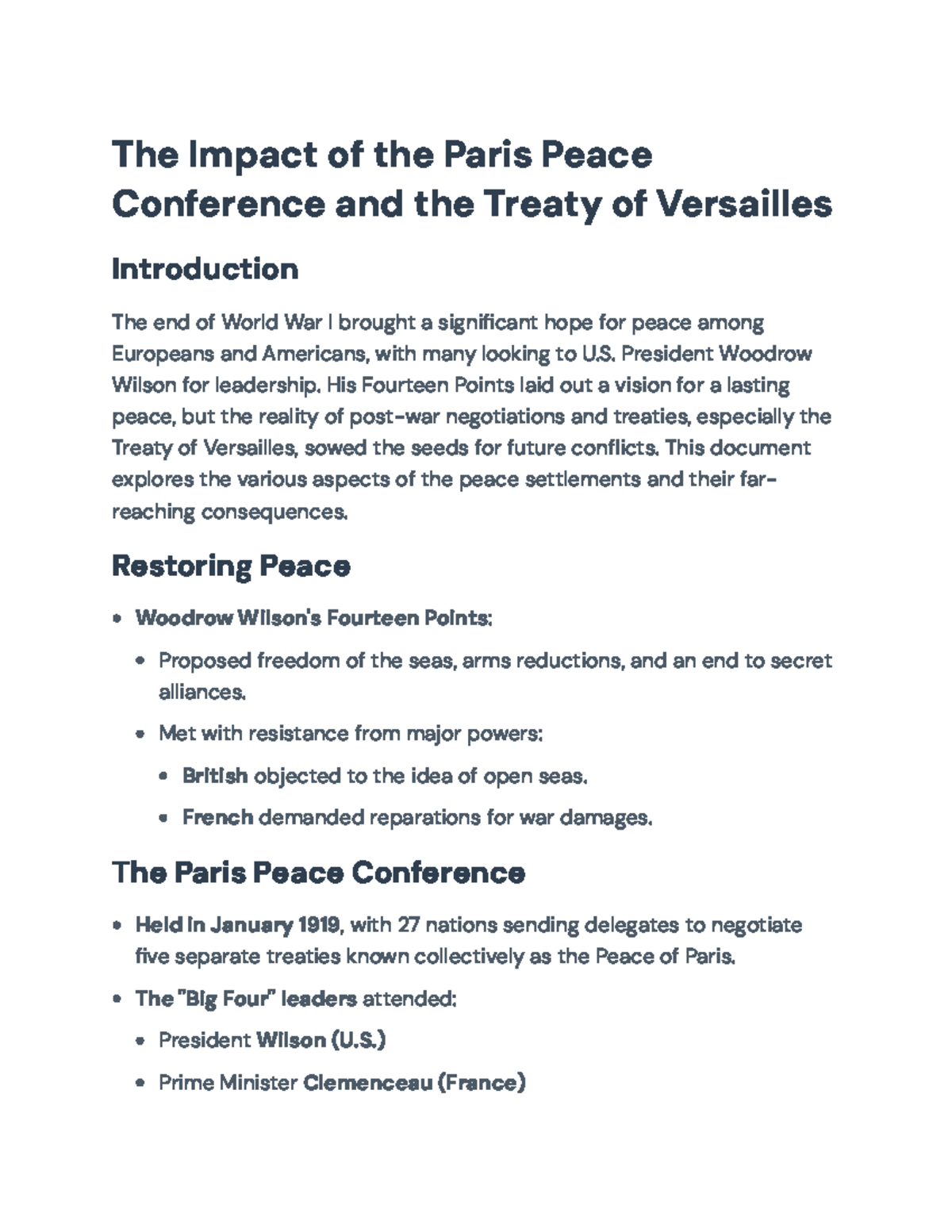 The Impact of the Paris Peace Conference and Treaty of Versailles - The ...