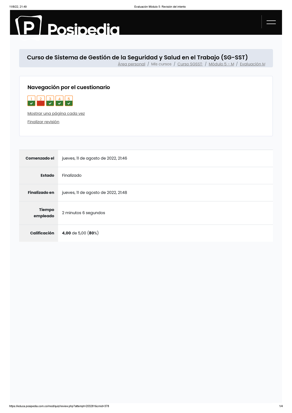 Evaluación Módulo 5 SGSST: Revisión y Resultados Finales - Studocu