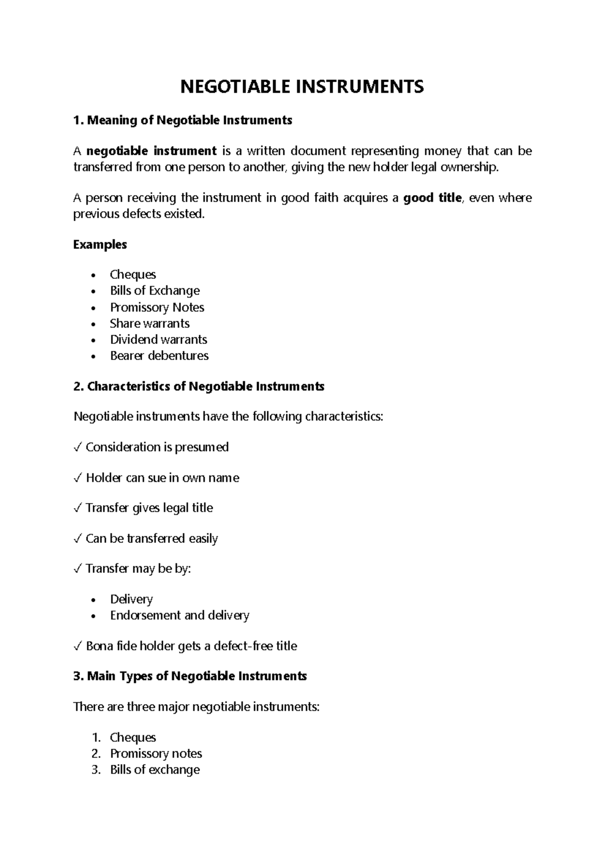 Negotiable Instruments: Key Concepts and Characteristics - Studocu