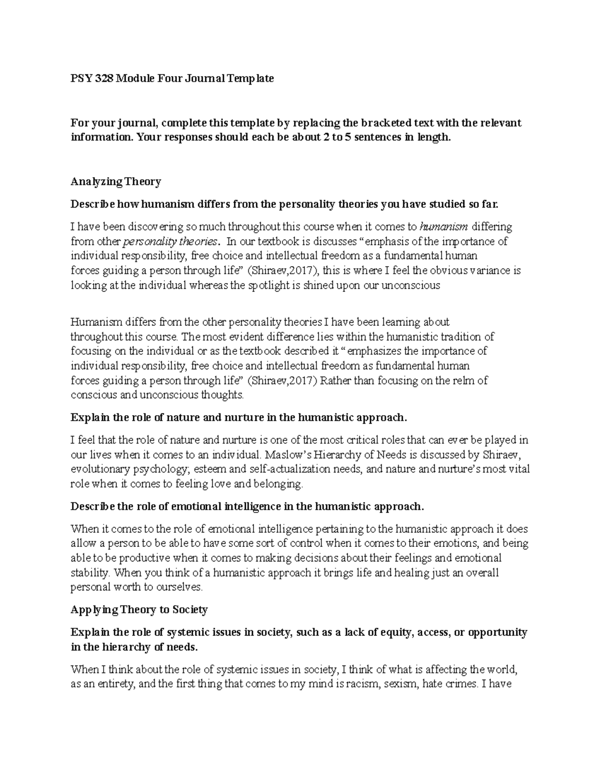 PSY 328 Module Four Activity Journal: Humanism and Self-Actualization ...