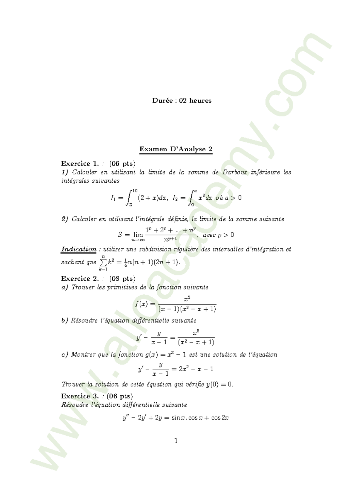 2Analyse-2-examen-02 (www - Dur ́ee : 02 heures Examen D’Analyse 2 ...