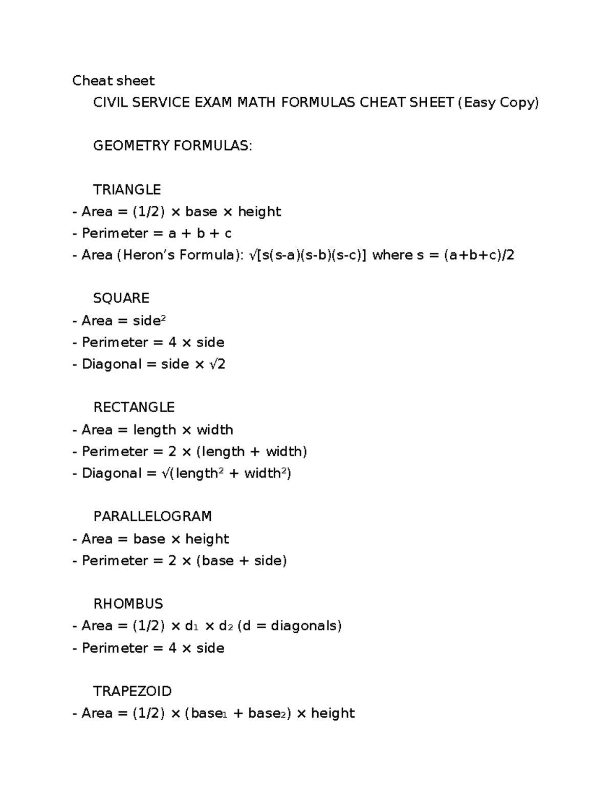CIVIL SERVICE EXAM Math Formulas Cheat Sheet for Geometry & More - Studocu