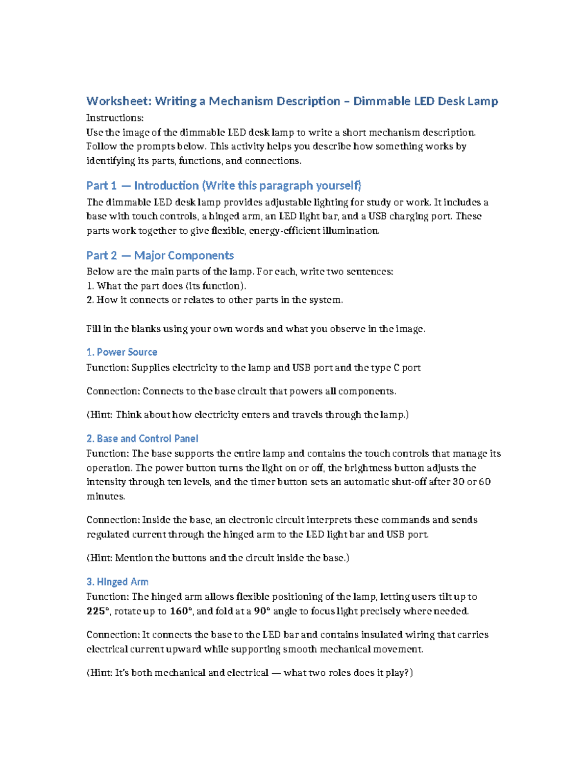 Mechanism Description Worksheet: Dimmable LED Desk Lamp - Studocu