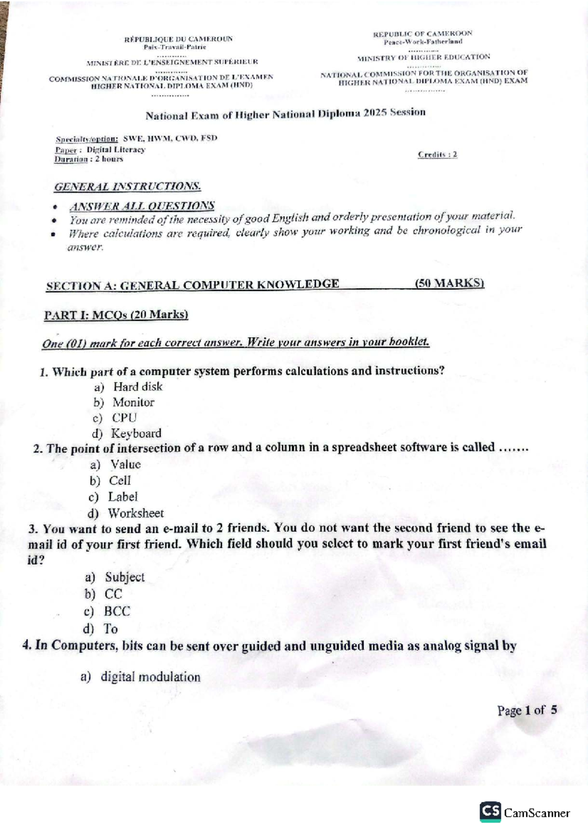 HND 2025 SWE CWD Digital Literacy Exam Guide - Studocu