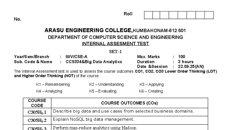 BDA C305H1 Internal Assessment Test 1 - Question Paper - Studocu