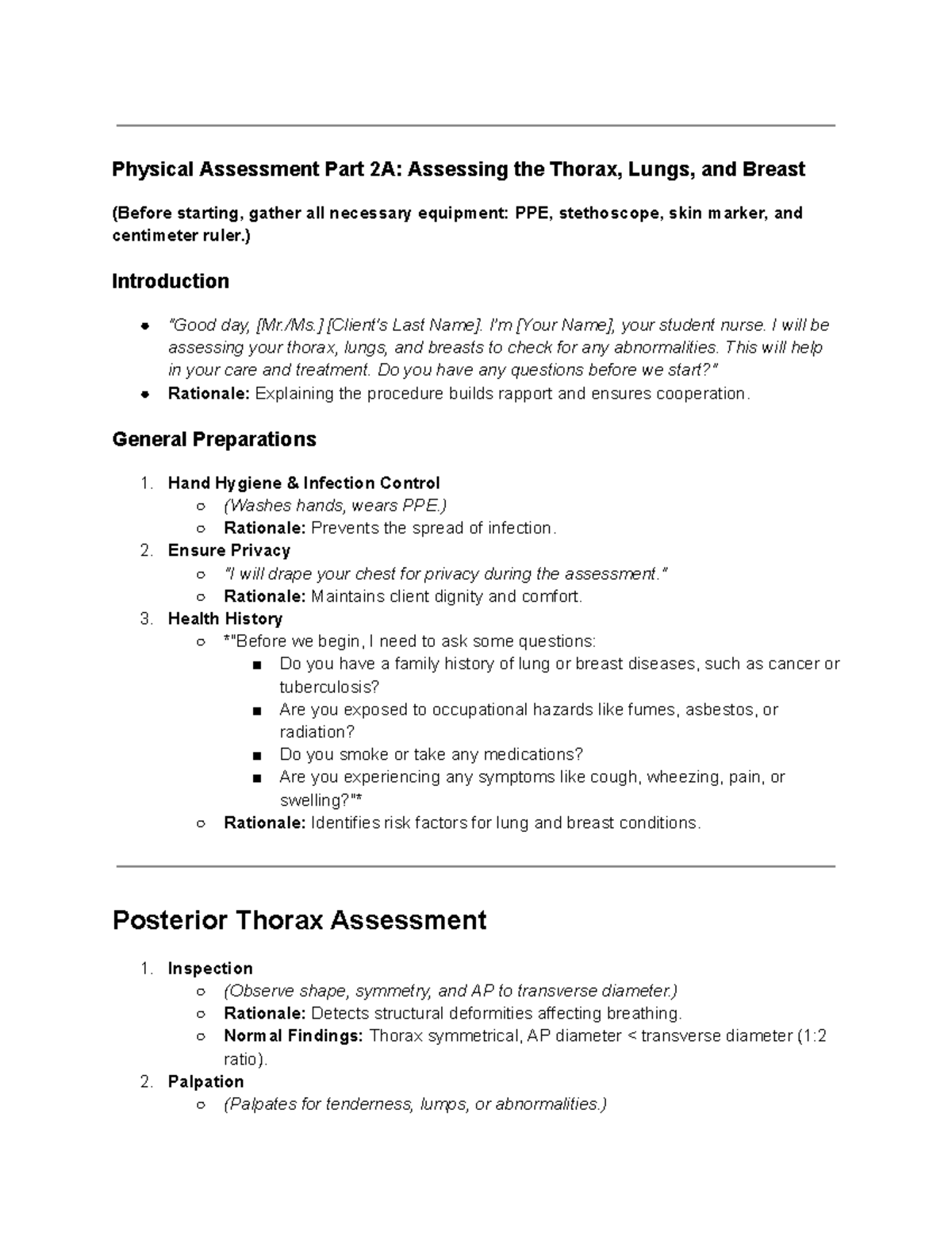 Script - Physical Assessment Part 2A: Assessing the Thorax, Lungs, and ...