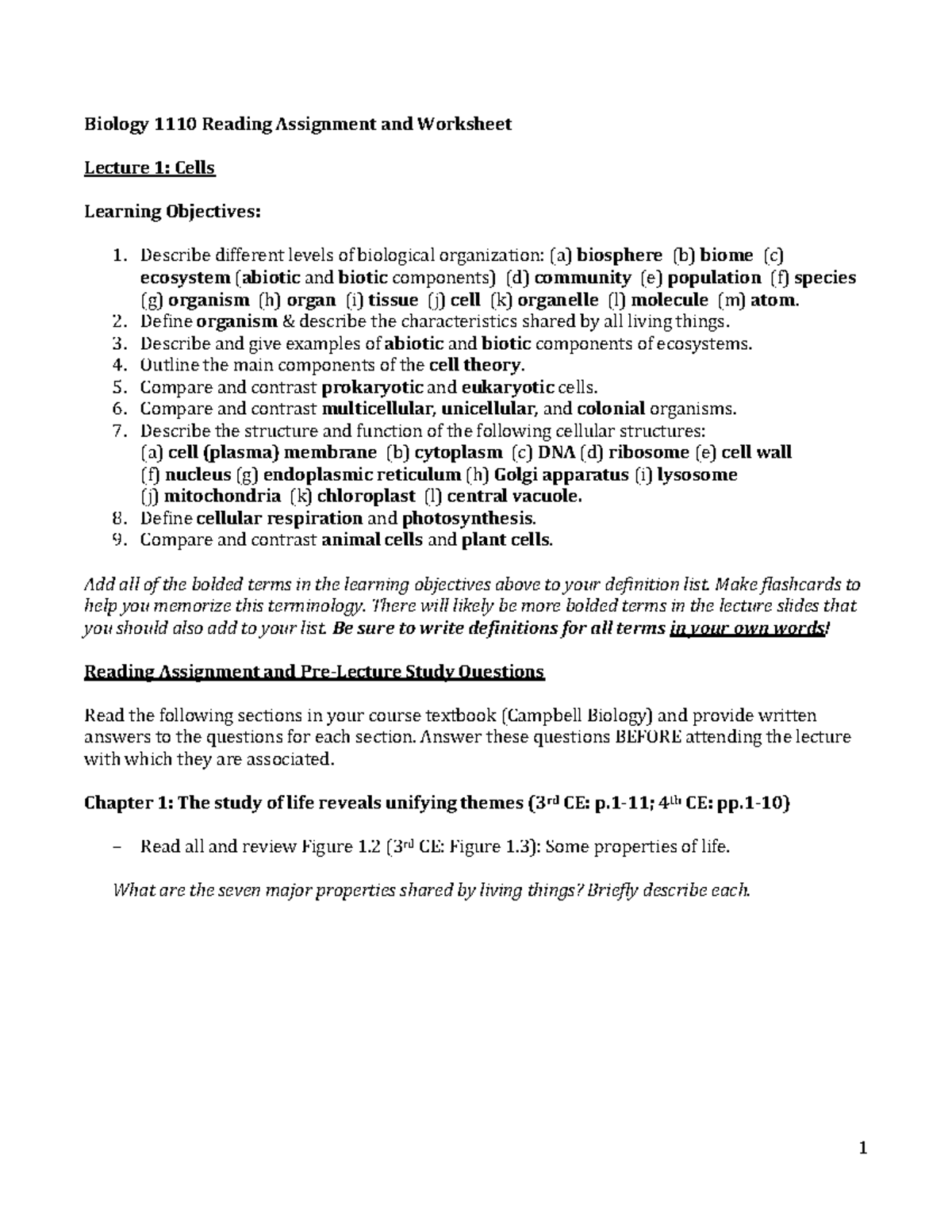 Biology 1110 Reading Assignment and Worksheet - Lecture 1: Cells - Studocu