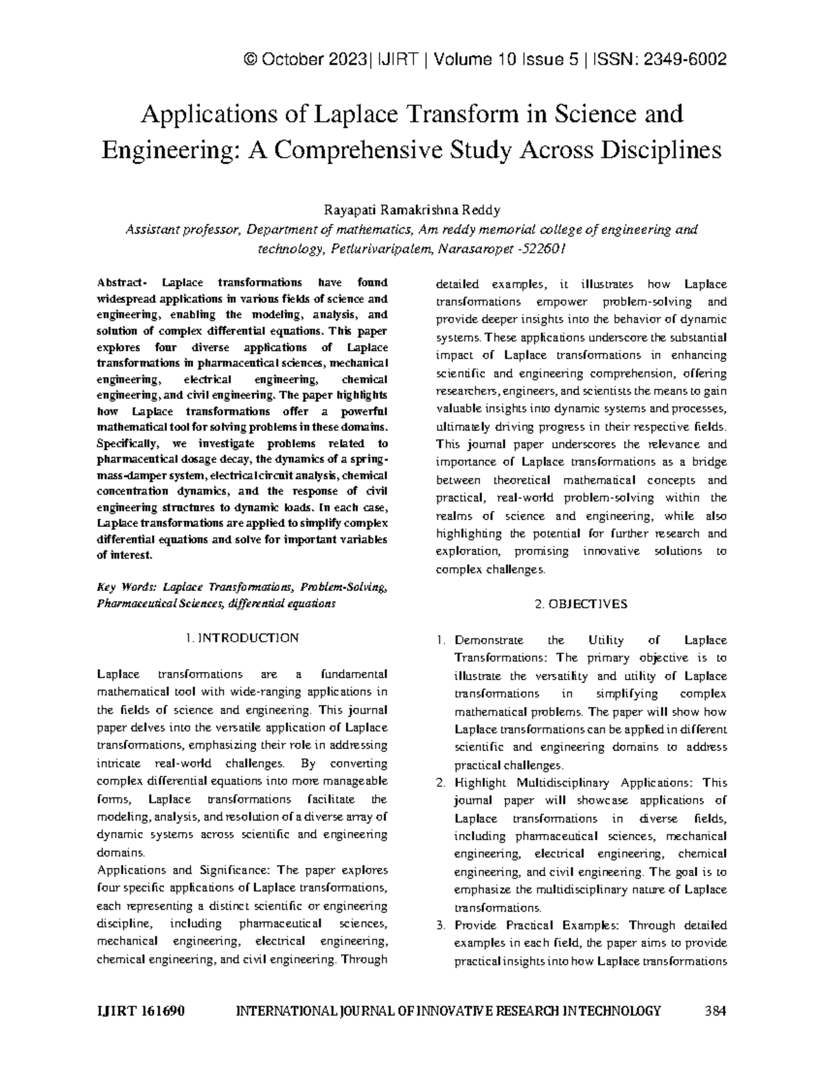 Applications of Laplace Transform in Science & Engineering: A Study ...