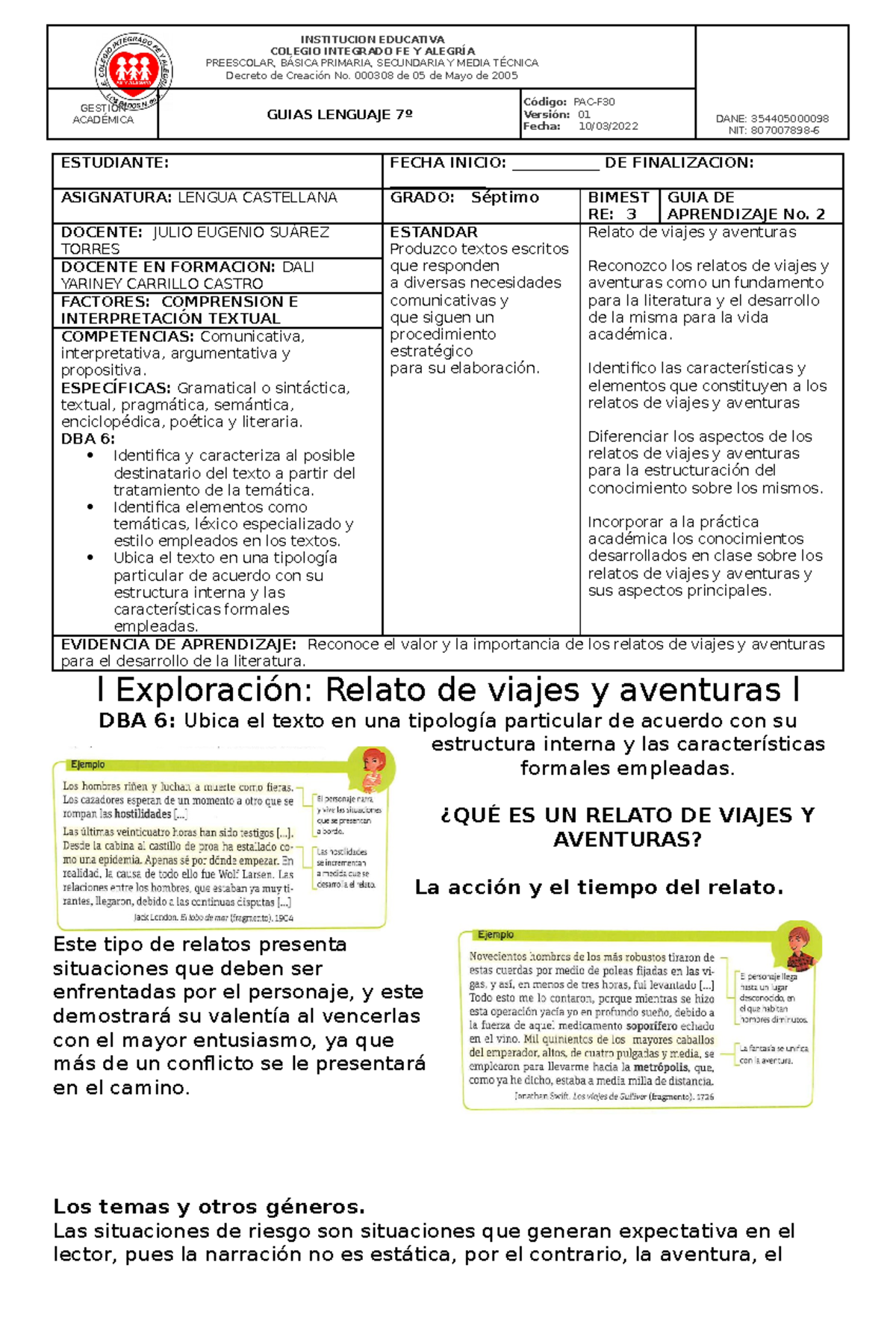 Guía de Aprendizaje sobre Relatos de Viajes y Aventuras - Lenguaje 7º ...