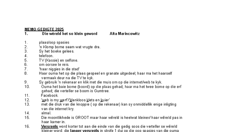MEMO GEDIGTE 2025 - Analyses van Belangrike Gedigte - Studocu