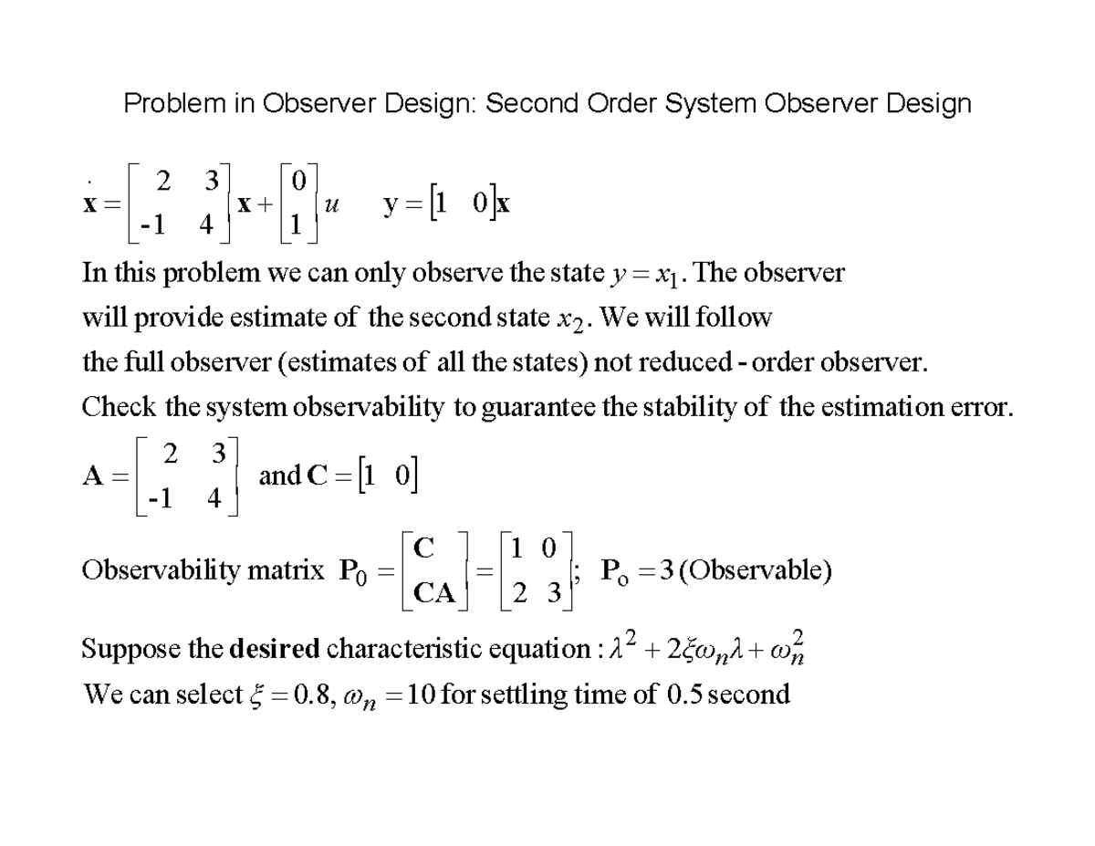 Observer Design for Second Order Systems - BEEE303L 00100 - Studocu