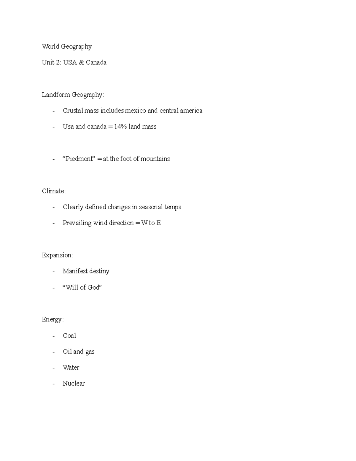 World Geography Unit 2: USA & Canada Overview and Key Topics - Studocu