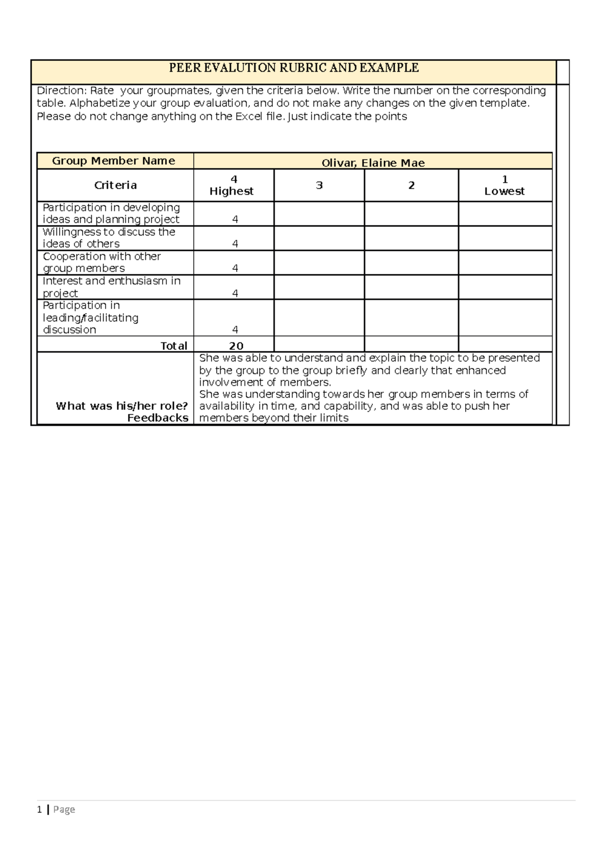 PEER EVALUATION RUBRIC AND EXAMPLE FOR GROUP PROJECT - Studocu