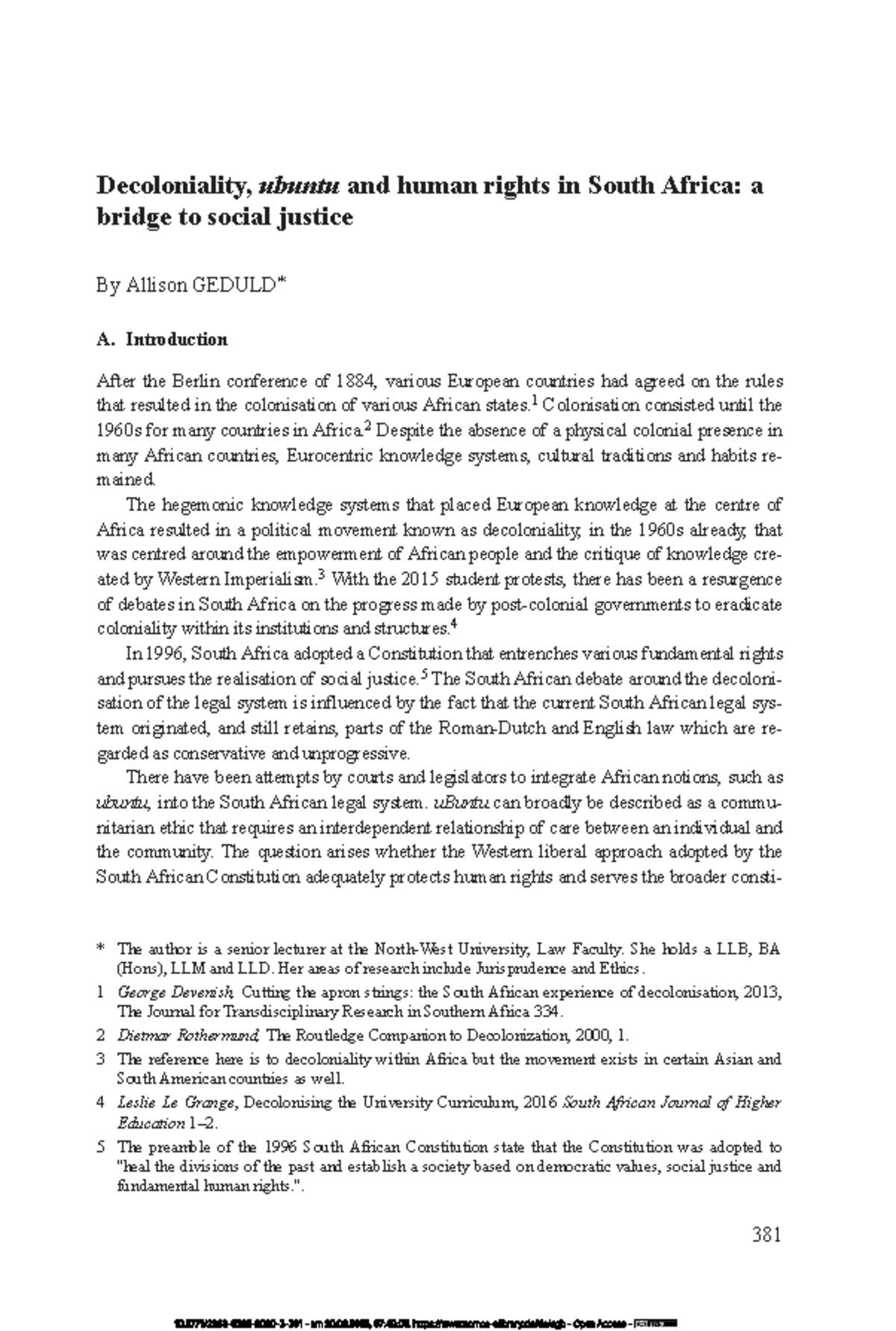 Decoloniality, Ubuntu, and Human Rights in South Africa: A Critical ...