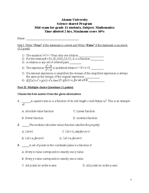Final Exam grade 11 - AKSUM UNIVERSITY COLLEGE OF NATURAL AND ...