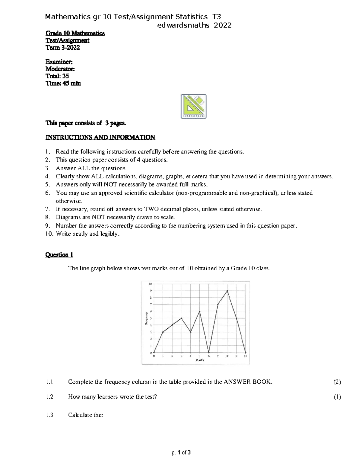 Gr 10 Mathematics Statistics T3 Test 2022 - Edwards Maths - Studocu