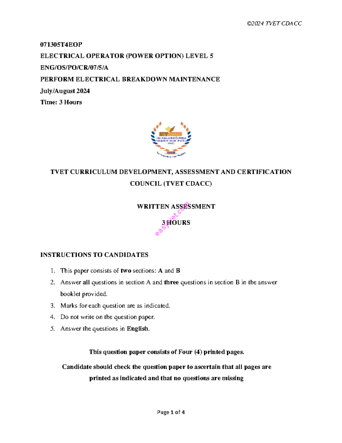 TVET CDACC 071305T4EOP Electrical Breakdown Maintenance Revision Notes ...