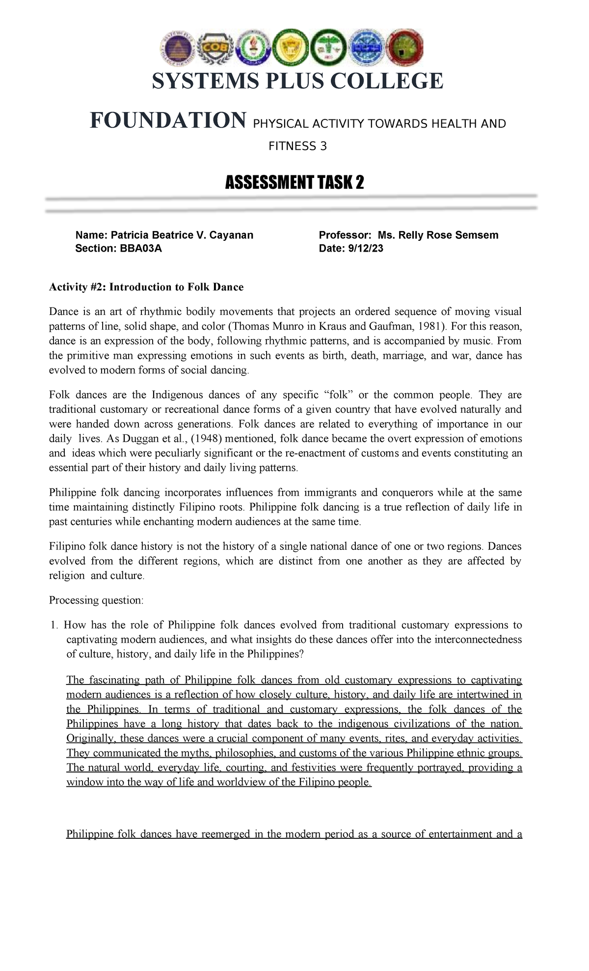 Cayanan Patricia- Pathfit-3- Assessment-TASK-2 - SYSTEMS PLUS COLLEGE ...