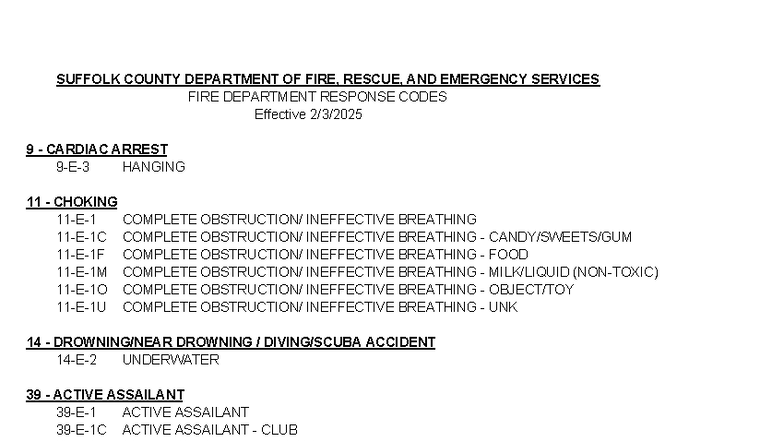 Suffolk County Fire Department Response Codes - FRES EFD v71 - Studocu