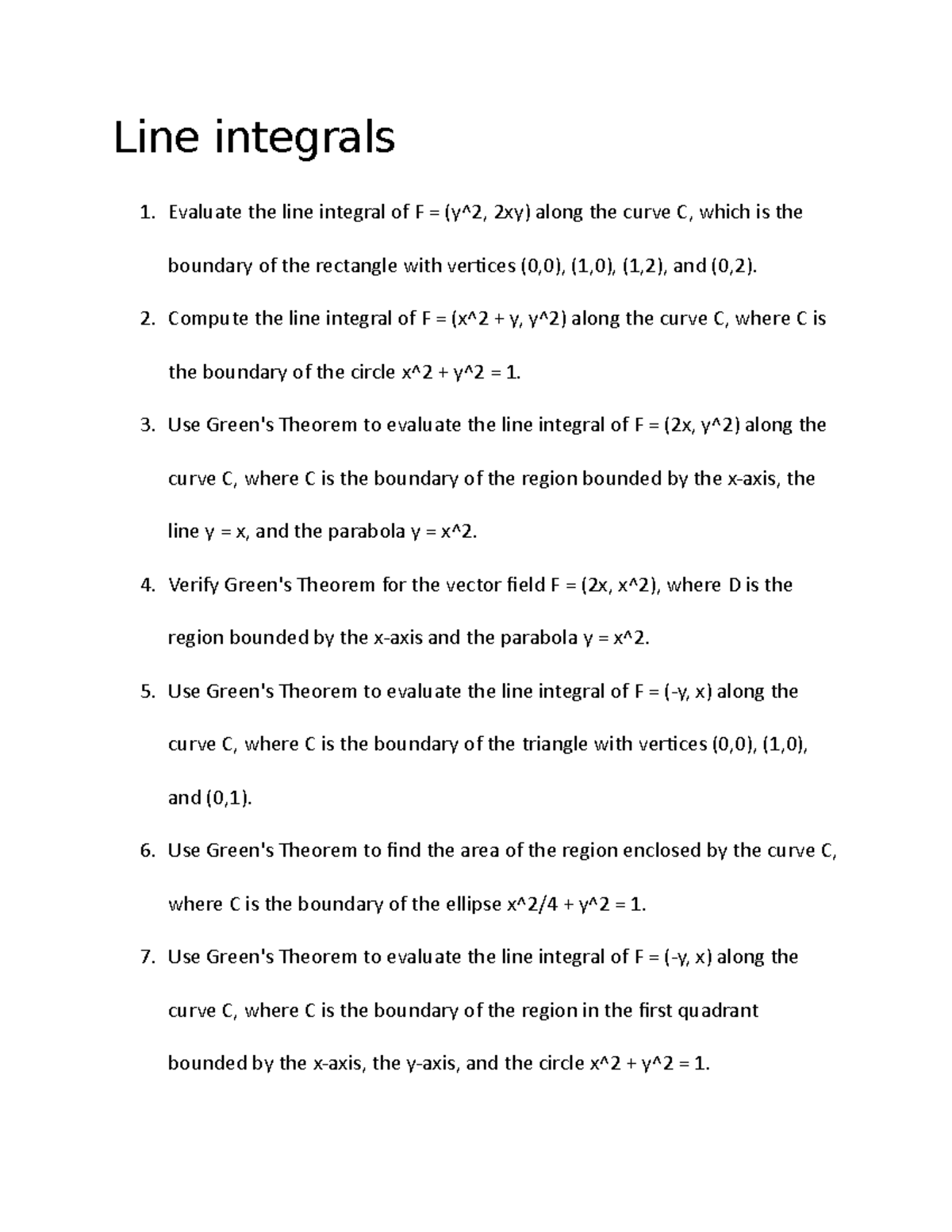 Line Integrals - calculus 3 self-made worksheet - Line integrals ...